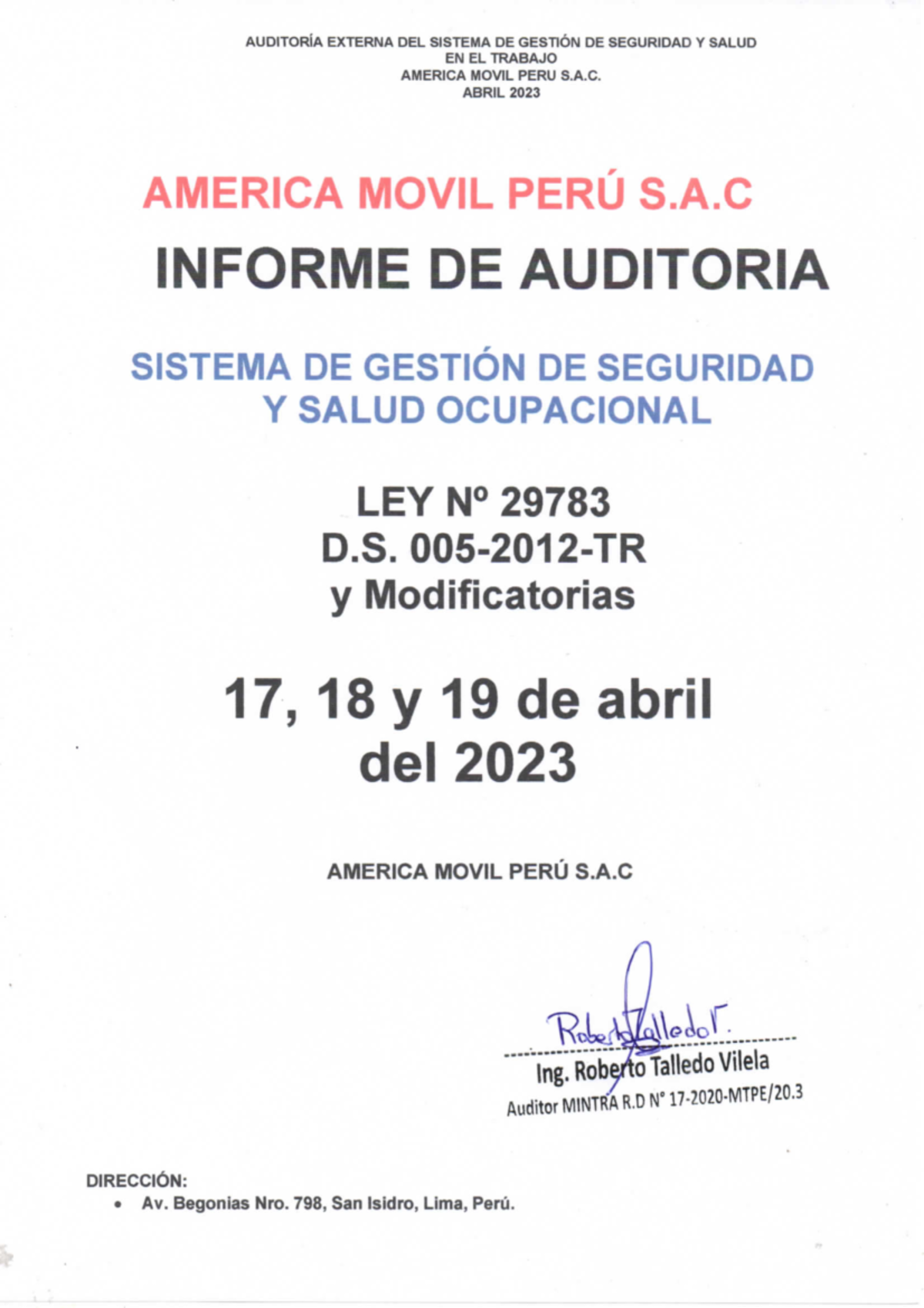 Informe de Auditoria Externa SST - AUDITORÍA EXTERNA DEL SISTEMA DE GESTIÓN DE SEGURIDAD Y SALUD ...