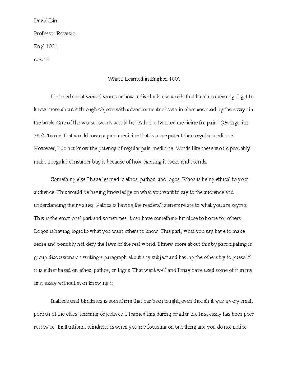 What I Learned in English 1001 - David Lin Professor Rovasio Engl 1001 ...