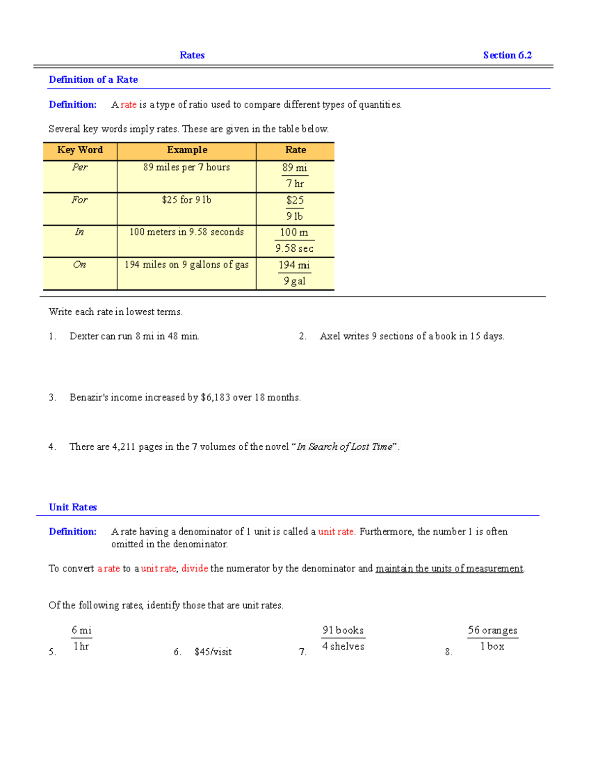 PIA Lecture Notes 6 - Rates Section 6 Definition of a Rate Definition ...