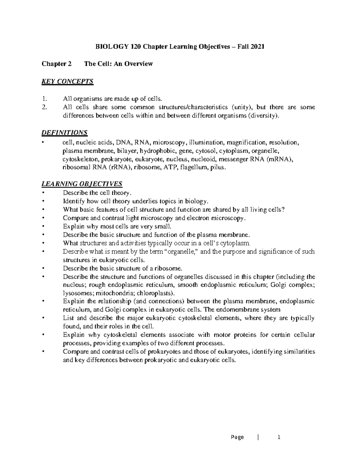 BIOL120 Learning Objectives 2021-2022 Biolgy - U of S - Studocu