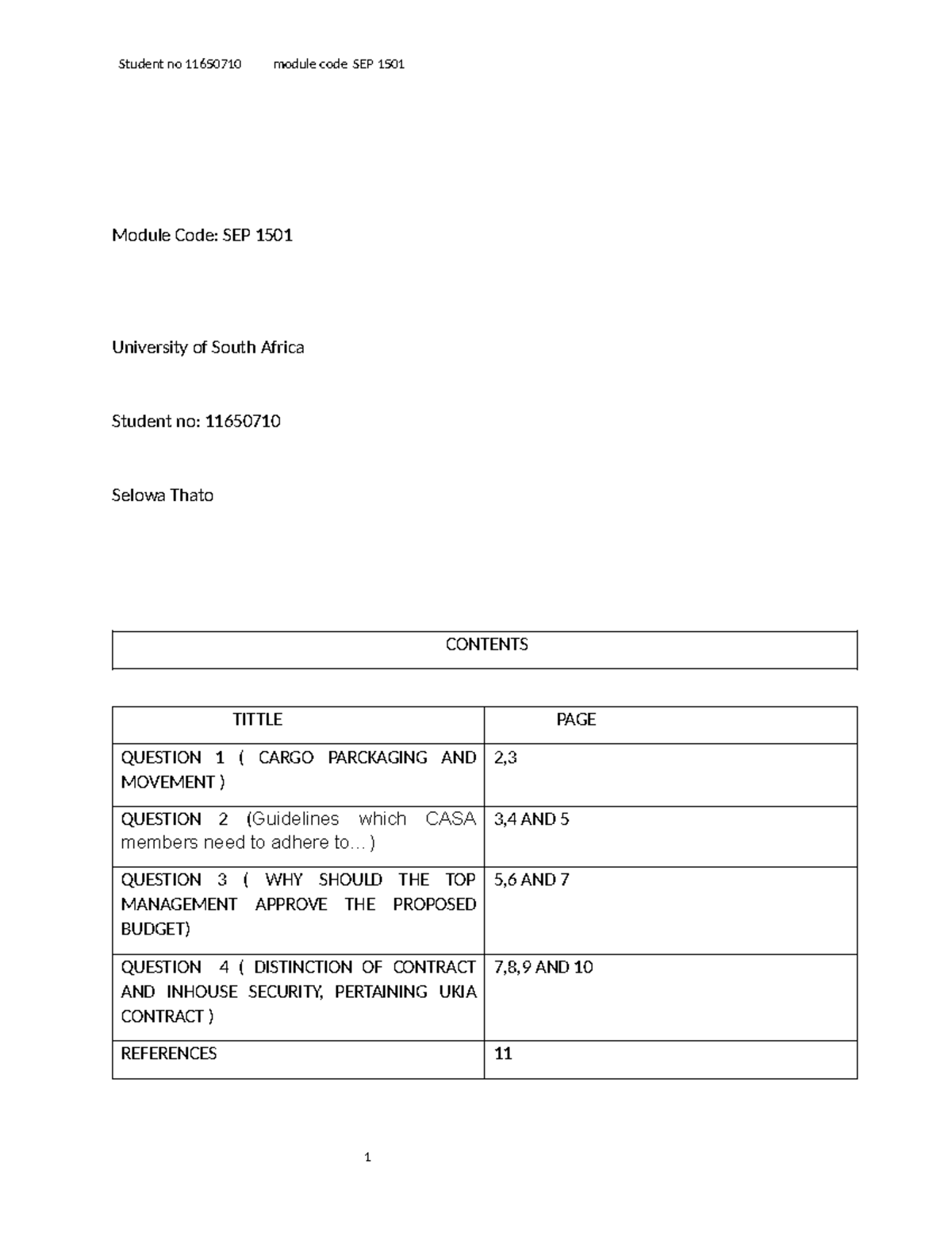 Assignment sep 150 - asigment 1 - Module Code: SEP 1501 University of ...