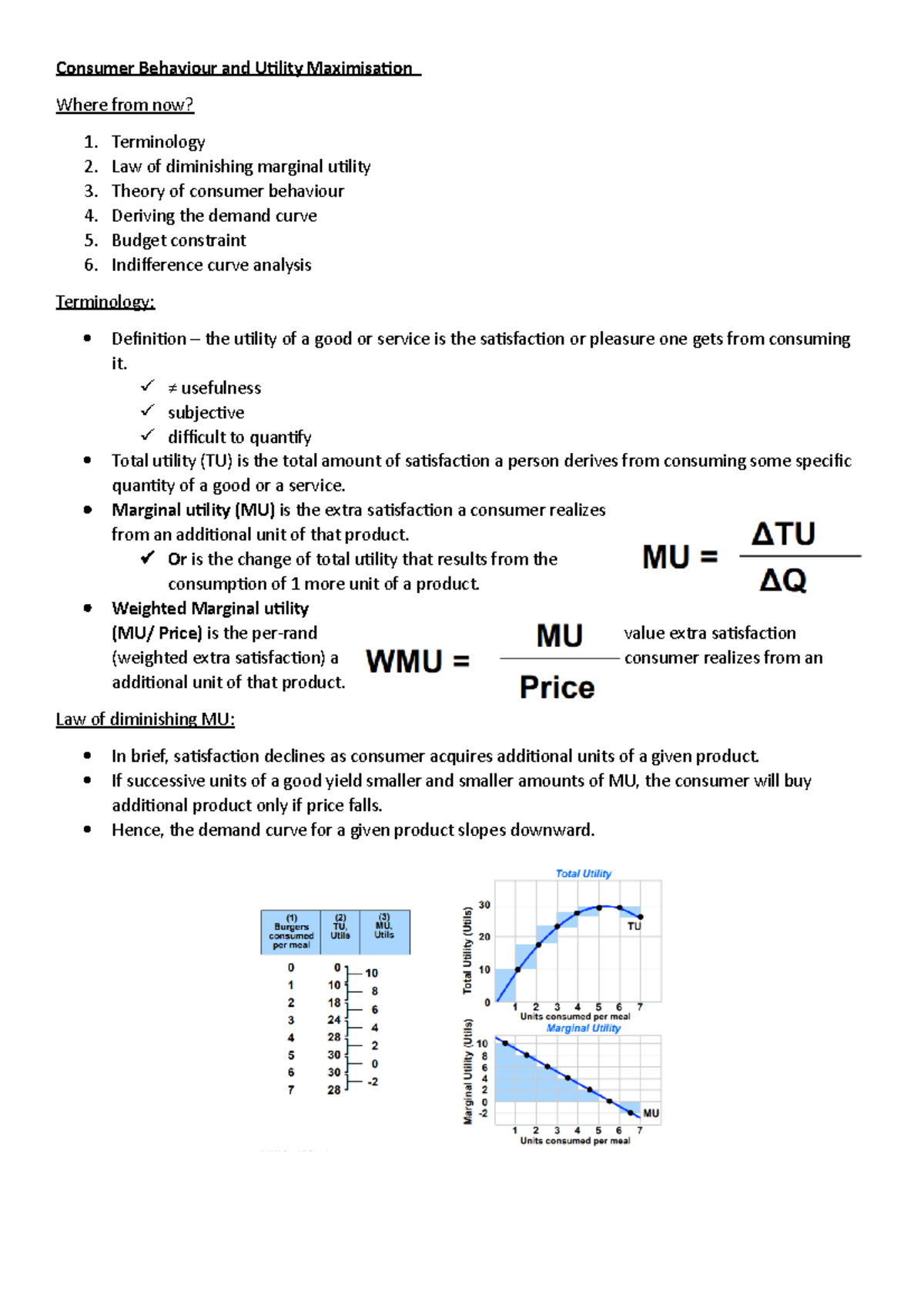 Chapter 5 - Notes - Consumer Behaviour and Utility Maximisation Where ...