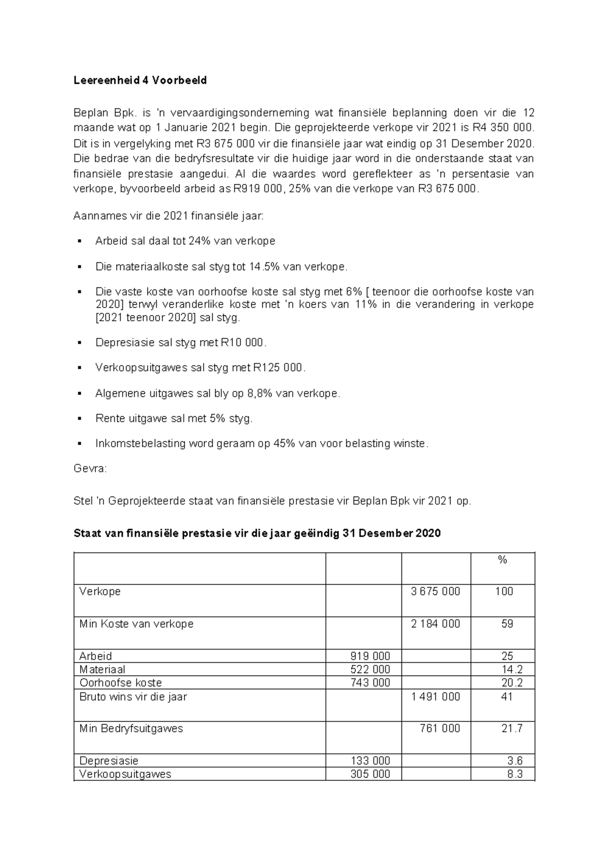 Voorbeeld+Leereenheid+4 - Leereenheid 4 Voorbeeld Beplan Bpk. is ‘n ...