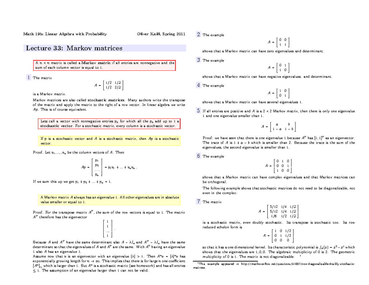 Markov Matriceslecture 33 - Math 19b: Linear Algebra with Probability ...