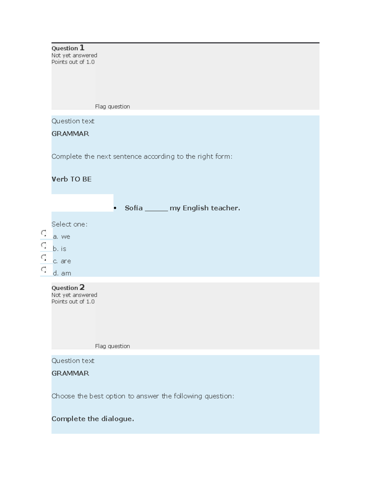 Question 1 - ingles - Question 1 Not yet answered Points out of 1. Flag ...