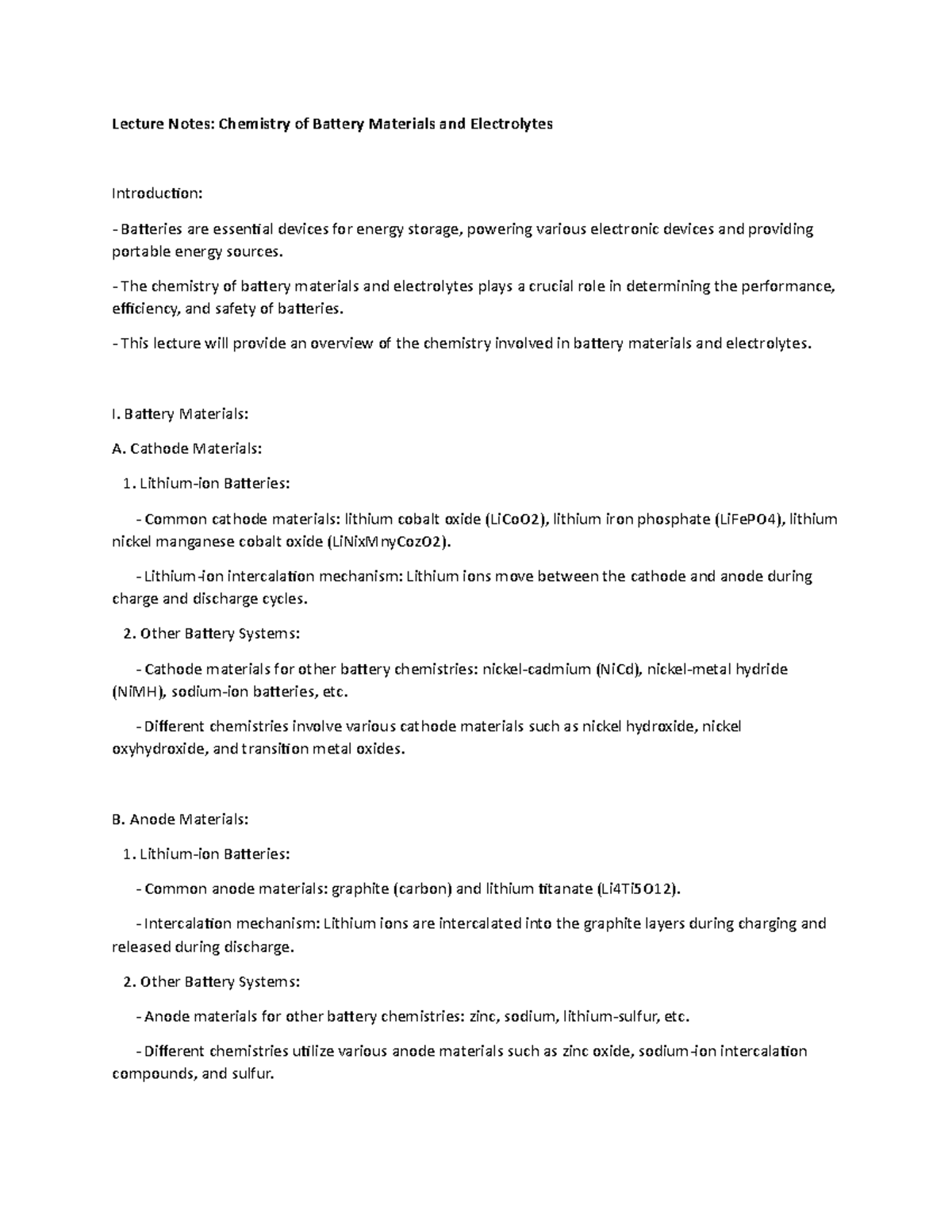 Lecture Notes: Chemistry of Battery Materials and Electrolytes ...