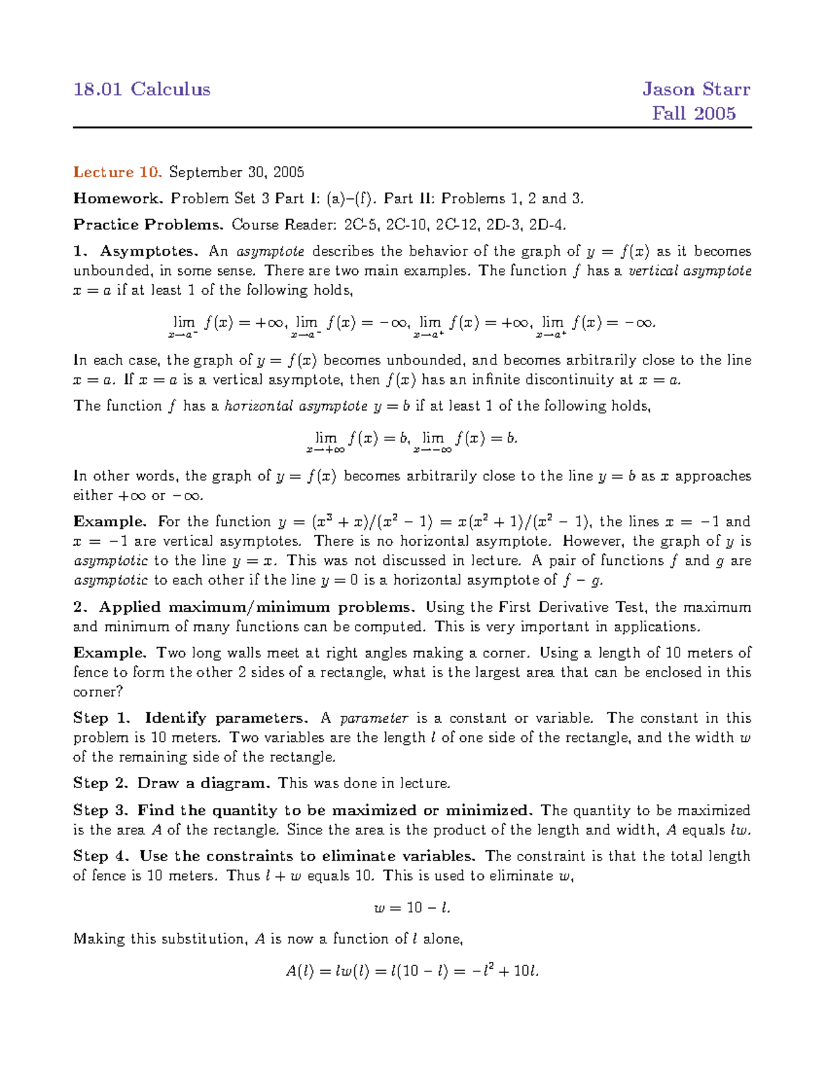 Applied maximum and minimum problems - 18 Calculus Jason Starr Fall ...