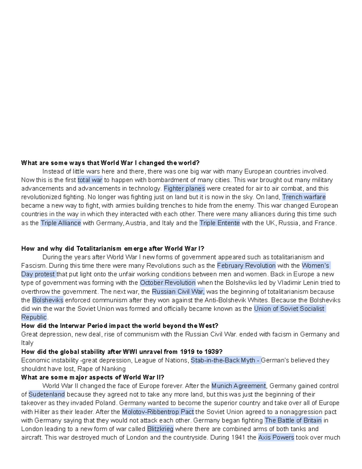 Practice - World War I, Totalitarianism, 1919 to 1939, 1941 - What are ...