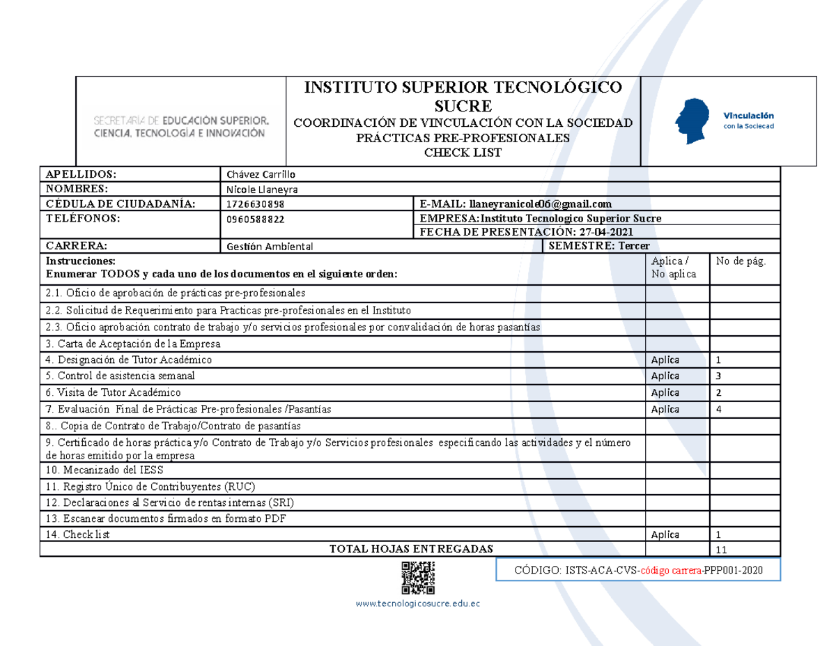 1 Checklist - Hector Perez, check list - INSTITUTO SUPERIOR TECNOLÓGICO ...