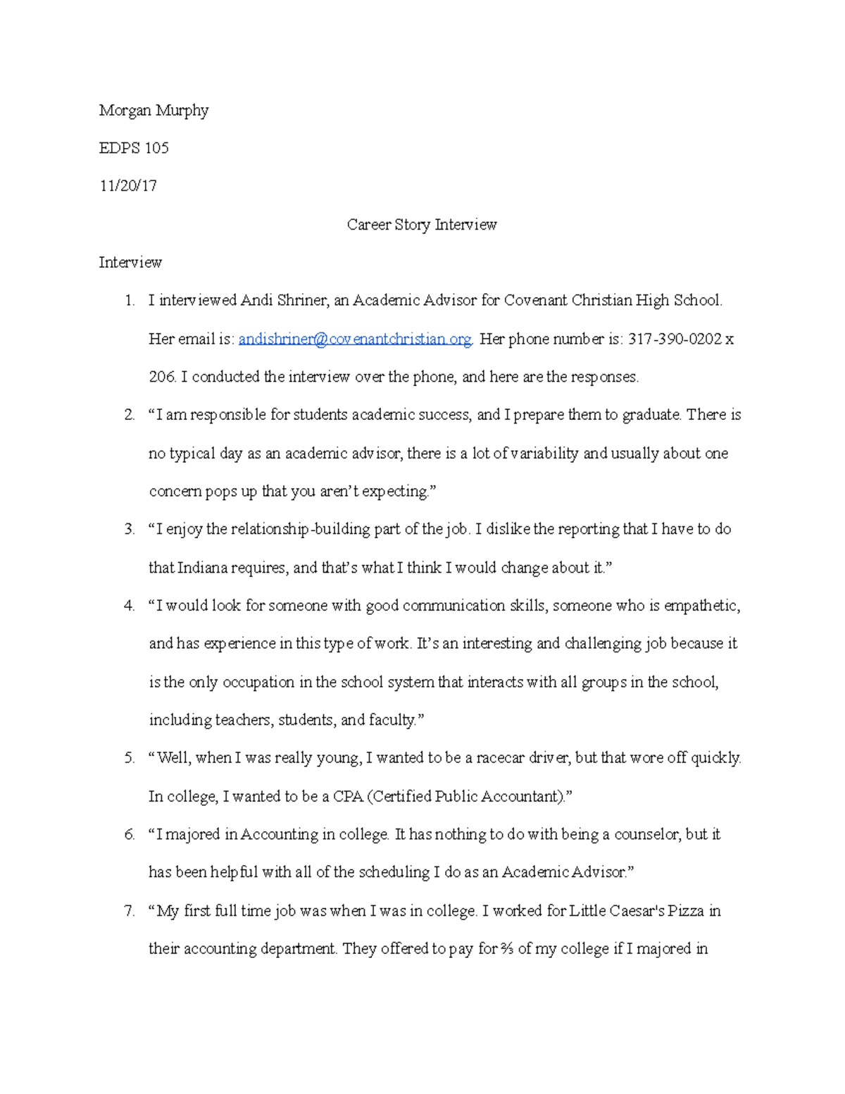 Career Story Interview - Morgan Murphy EDPS 105 11/20/ Career Story ...