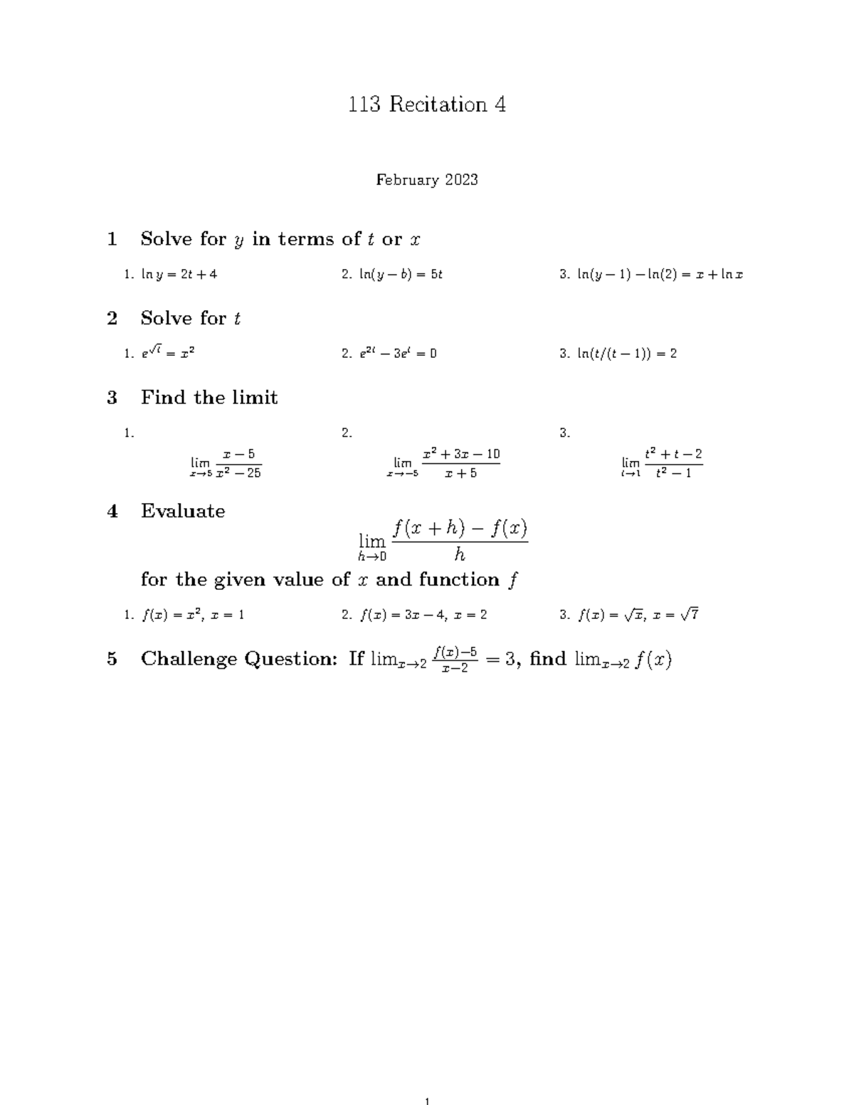 Recitation 5 - Summer Eldridge - 113 Recitation 4 February 2023 1 Solve ...