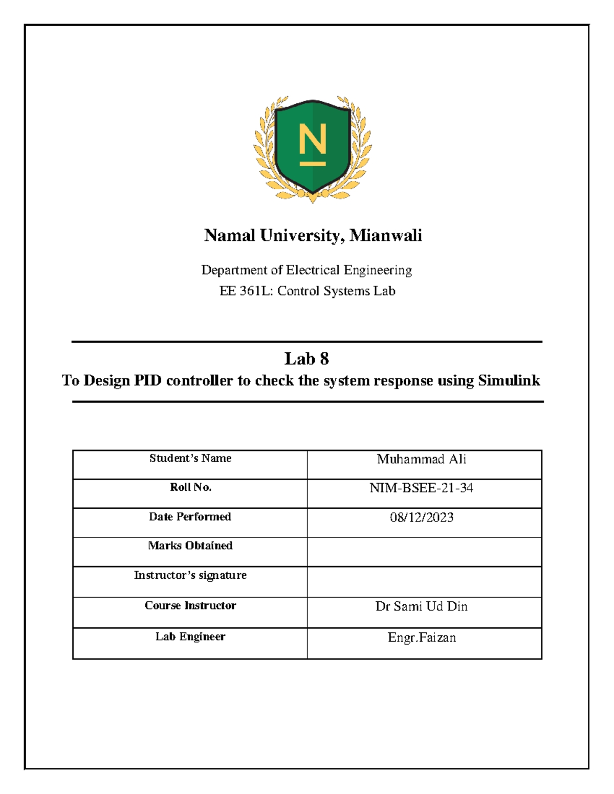 Ali34 -CS lab8 Report - Namal University, Mianwali Department of Electrical Engineering EE 361L ...