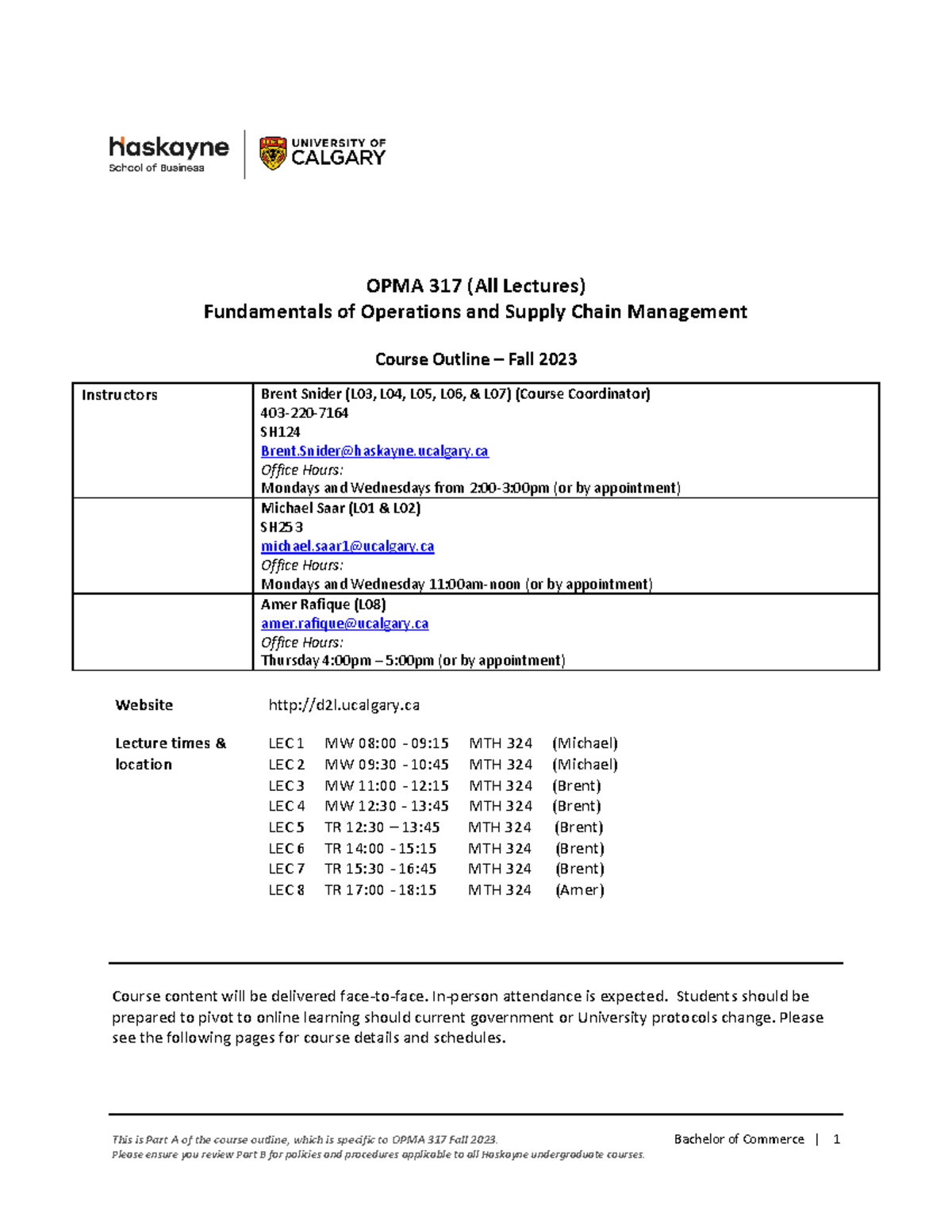 OPMA 317 Course Outline - ####### This is Part A of the course outline ...
