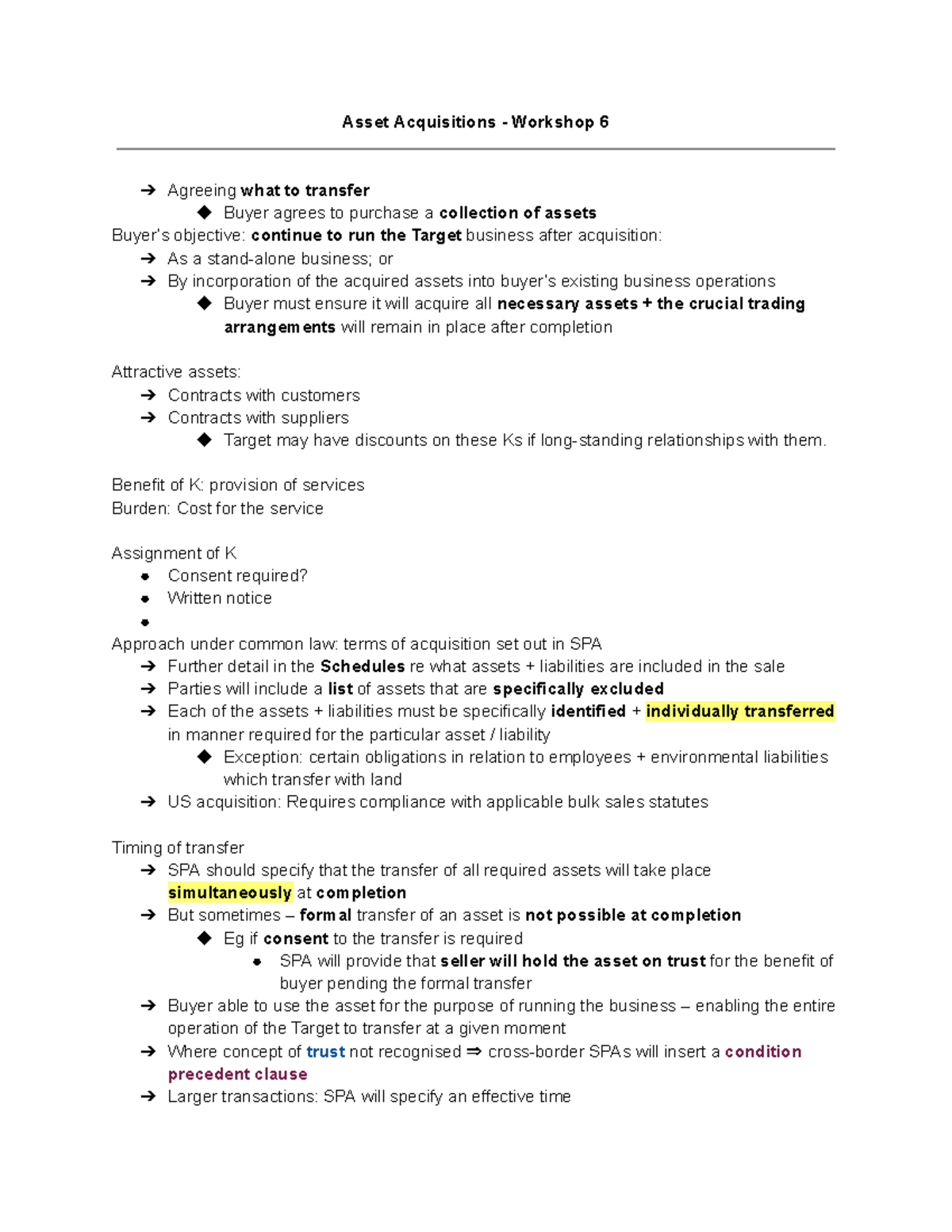 W6 Asset Acquisitions - Asset Acquisitions - Workshop 6 Agreeing what to transfer Buyer agrees ...