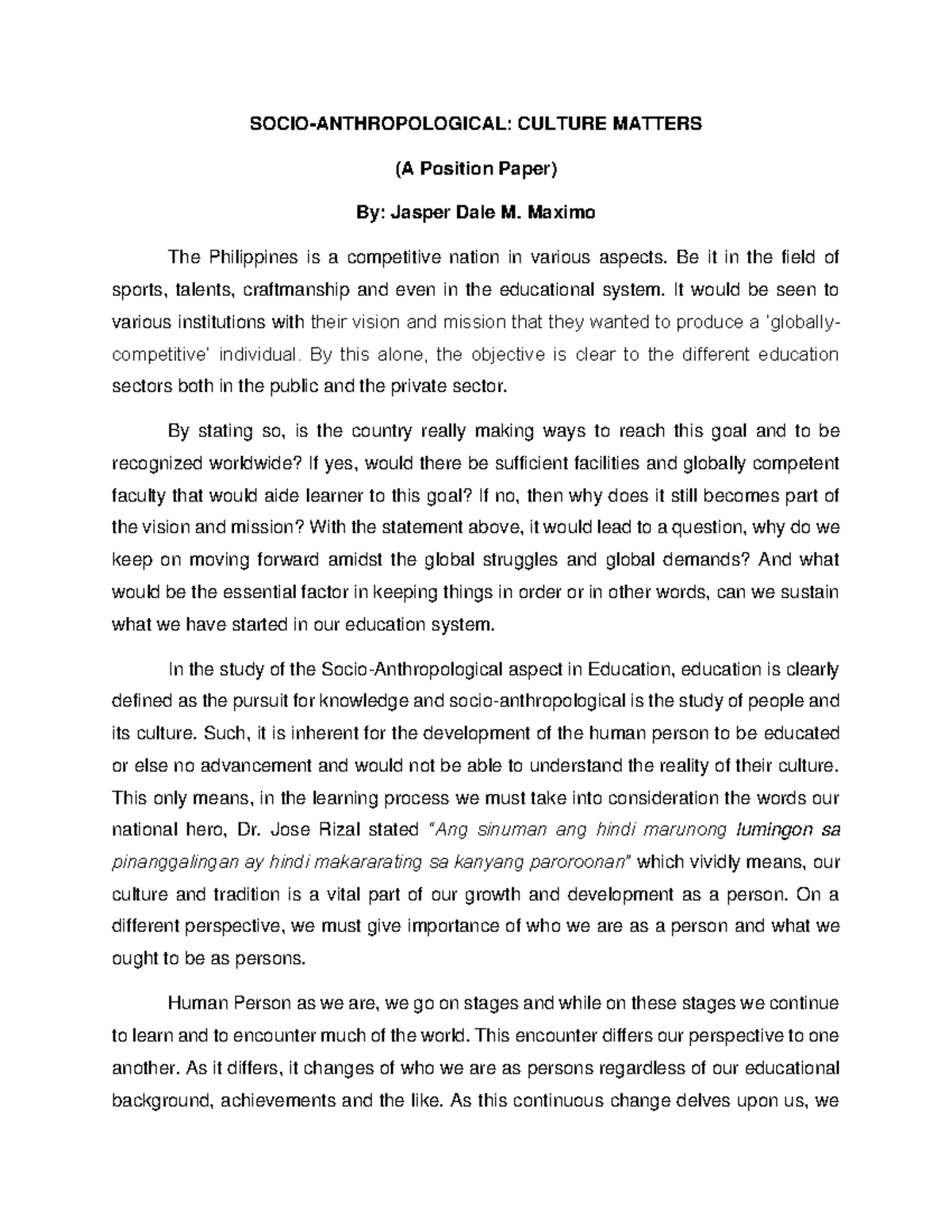 Social Anthropology Position Paper - SOCIO-ANTHROPOLOGICAL: CULTURE ...