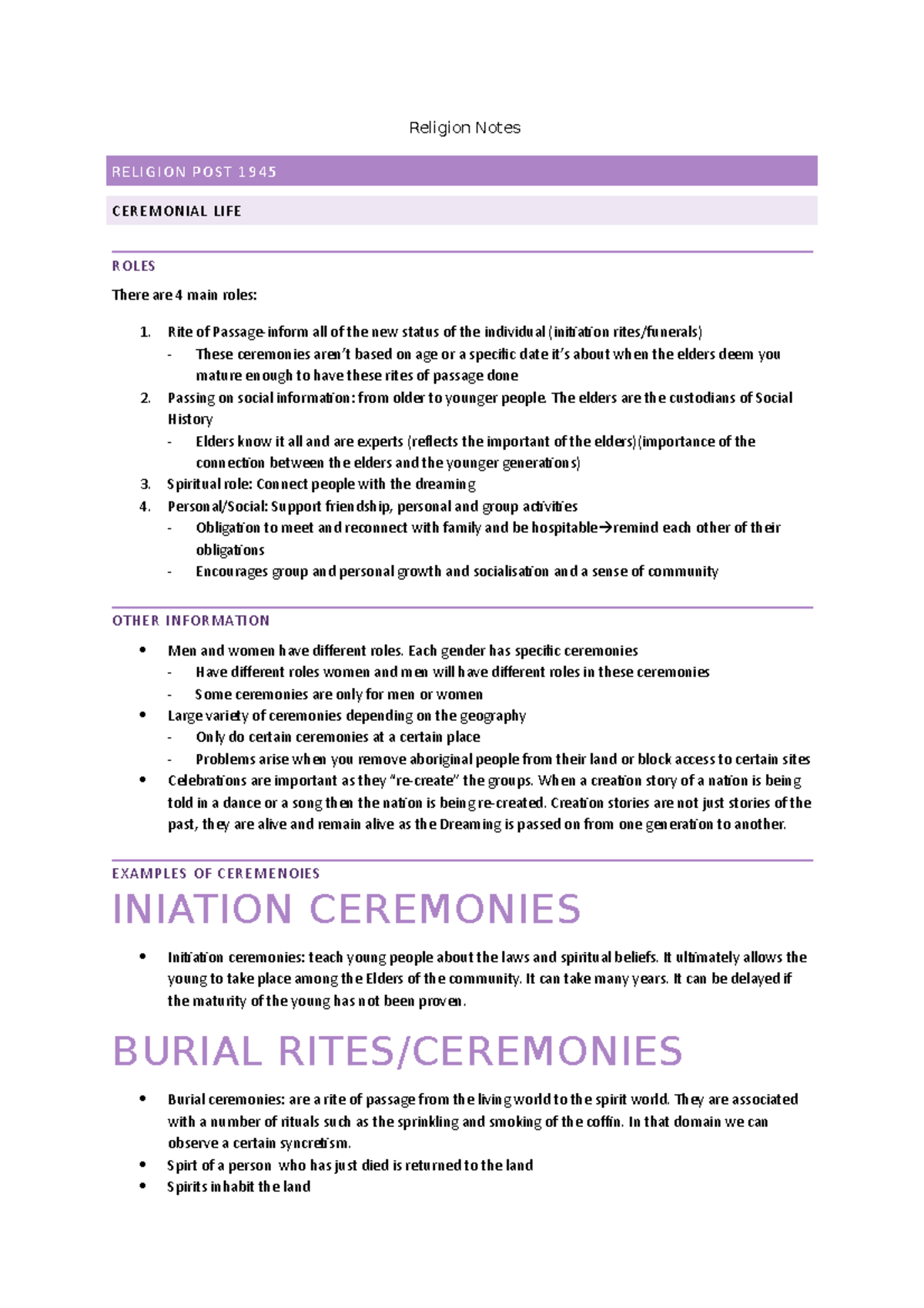 Religion post 1945 - Religion Notes RELIGION POST 1945 CEREMONIAL LIFE ...
