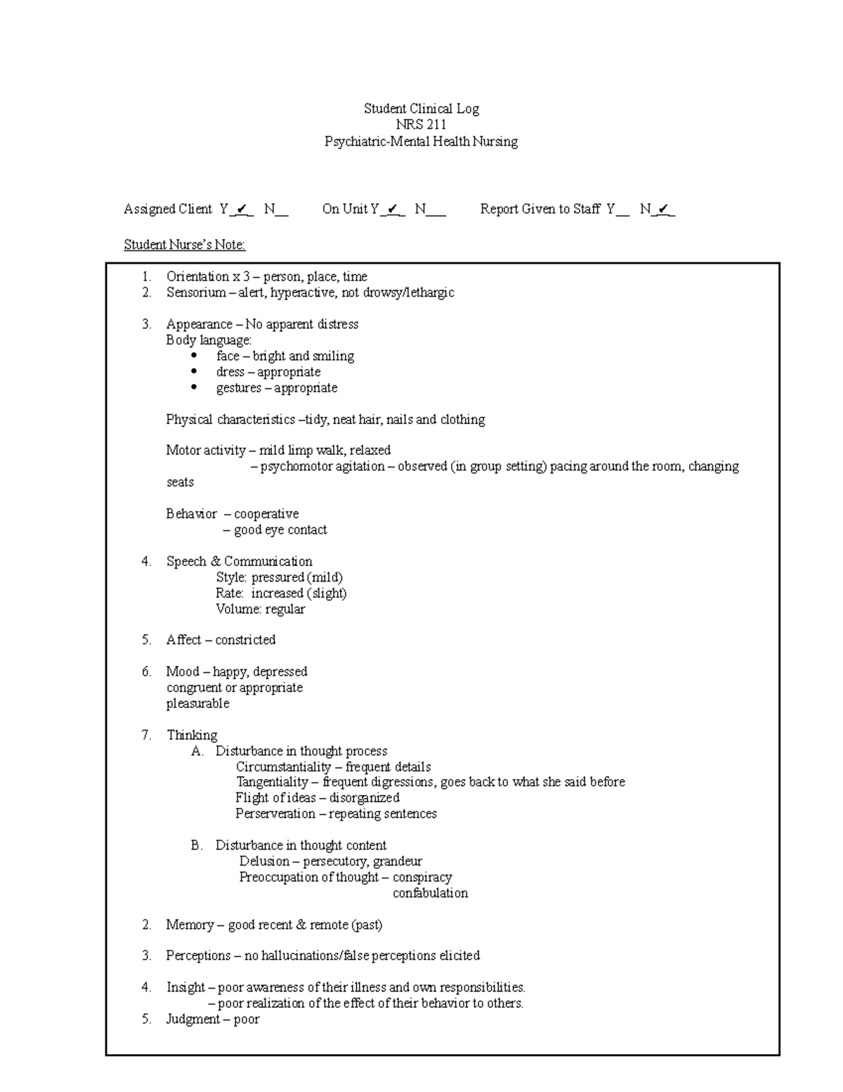Clinical - Log weekly - Student Clinical Log NRS 211 Psychiatric-Mental ...