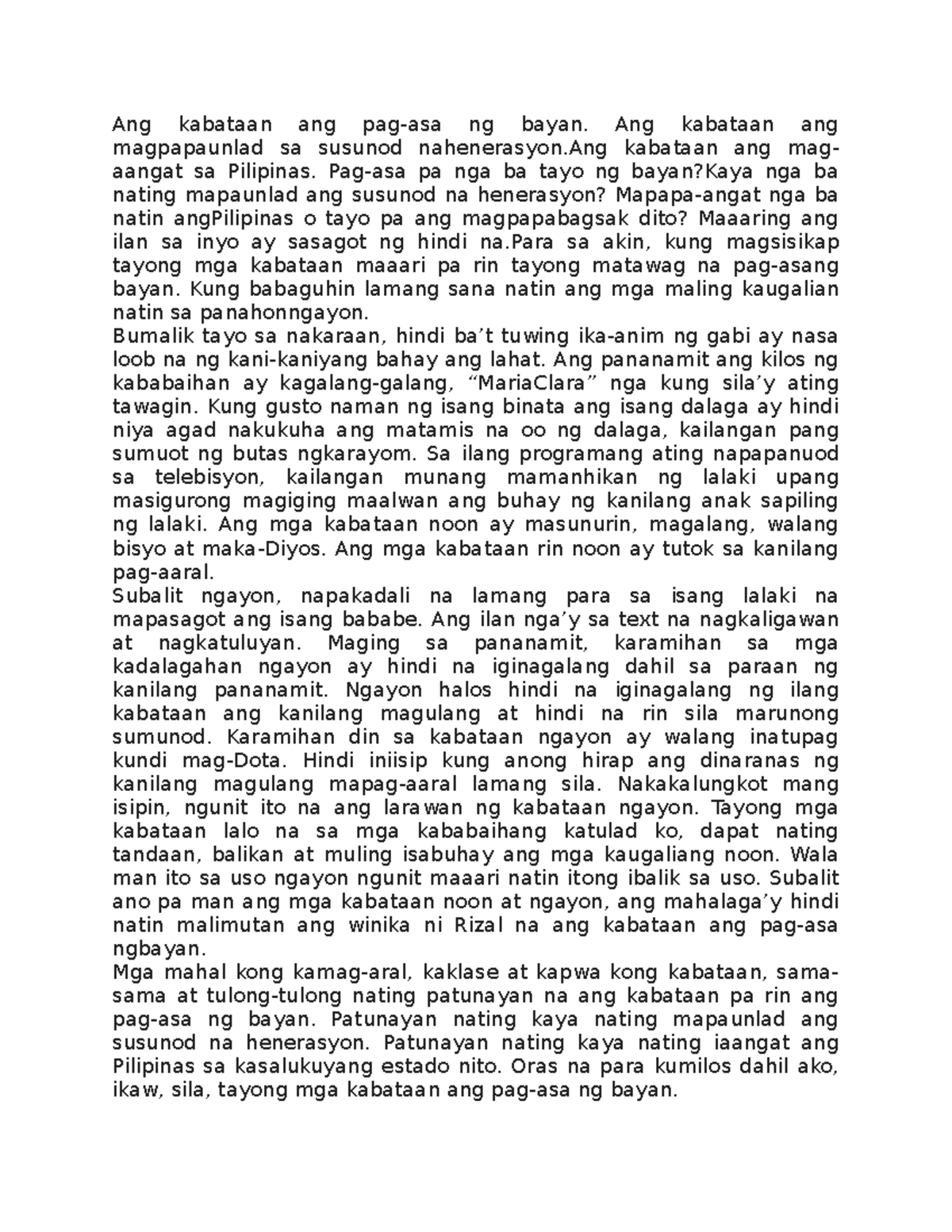 Example talumpati - task - Ang kabataan ang pag-asa ng bayan. Ang ...