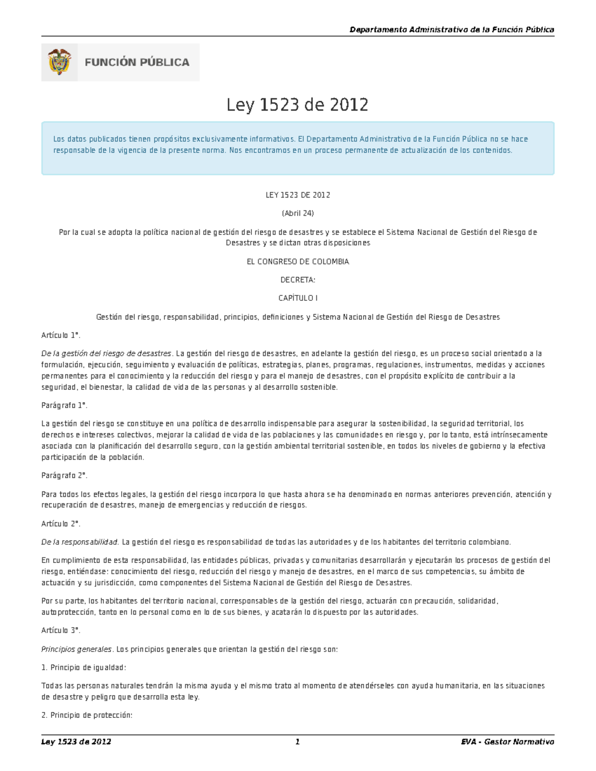 Ley 1523 de 2012 - base de datos - Ley 1523 de 2012 Los datos ...