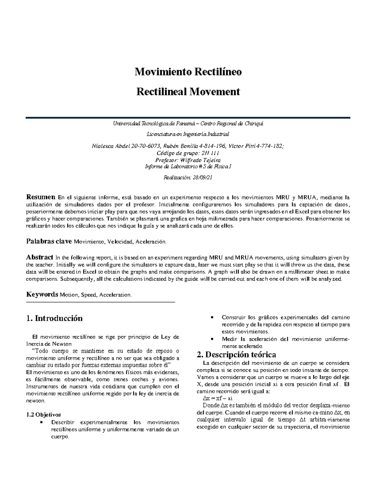 5° informe laboratorio de física - 031021 - Movimiento Rectilíneo ...