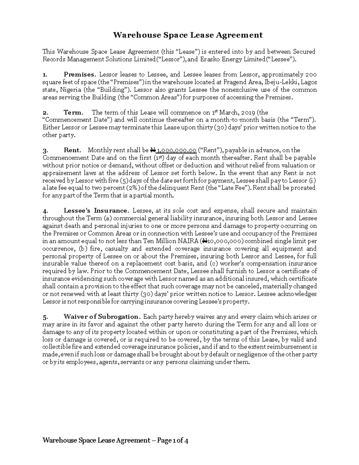 Lease Agreement New - Summary of an assignment - Warehouse Space Lease ...