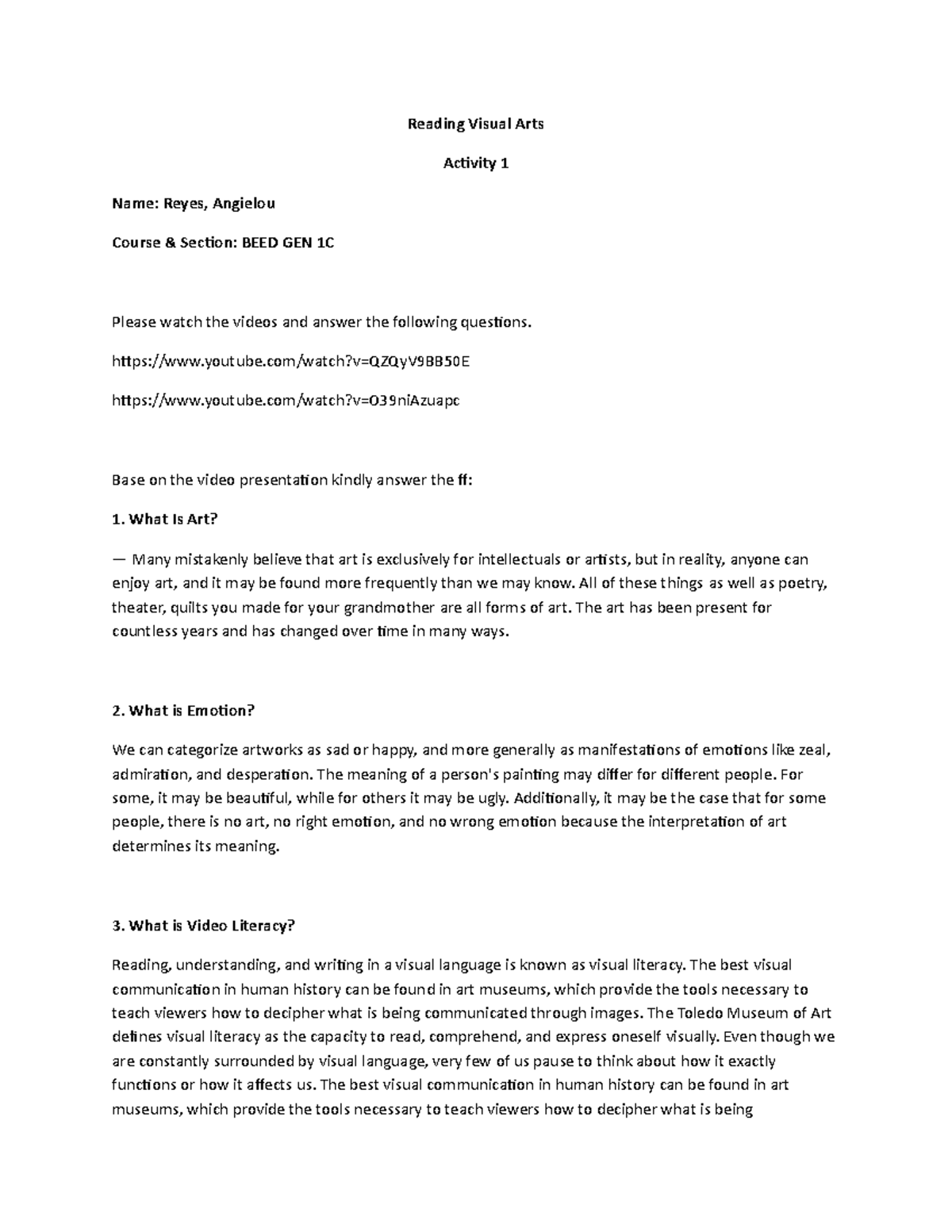 Activity 1 RVA - a little help - Reading Visual Arts Activity 1 Name ...