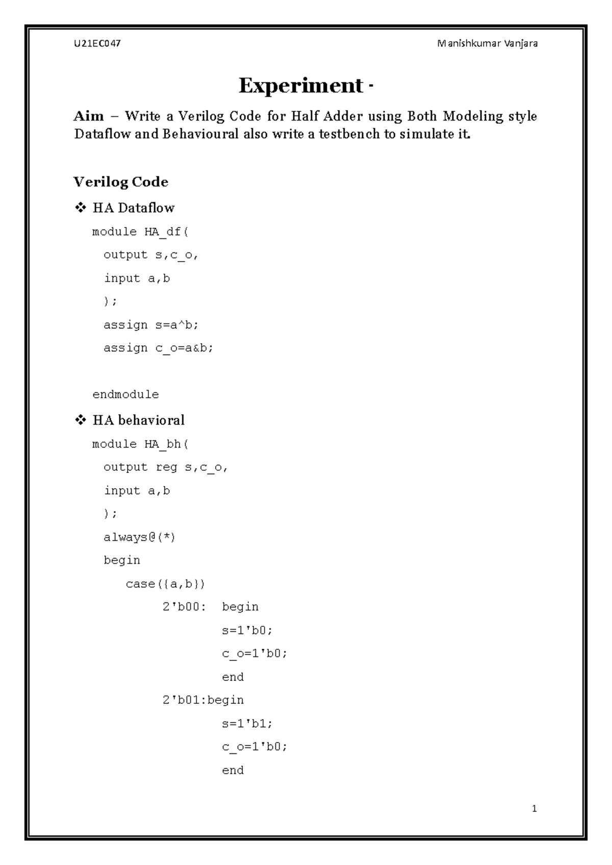 Verilog Assig 1 Personalised Experiment Aim Write A Verilog Code For Half Adder Using Both