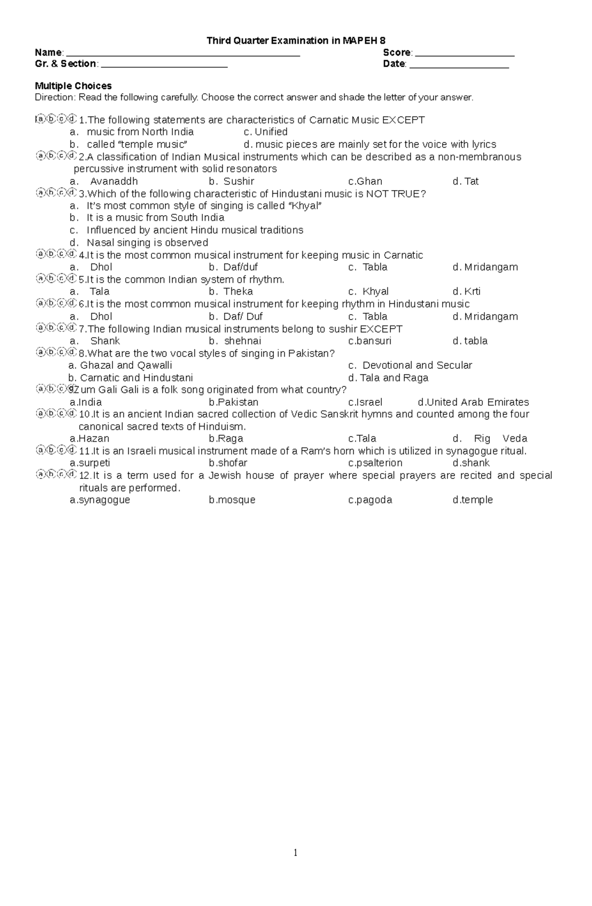 Third Quarter Examination Mapeh 8 - Third Quarter Examination in MAPEH ...