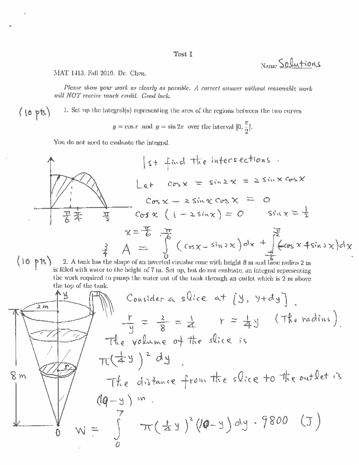 Calc II Practice Test (First Half Calc II) - Test I Name Solutions MAT ...