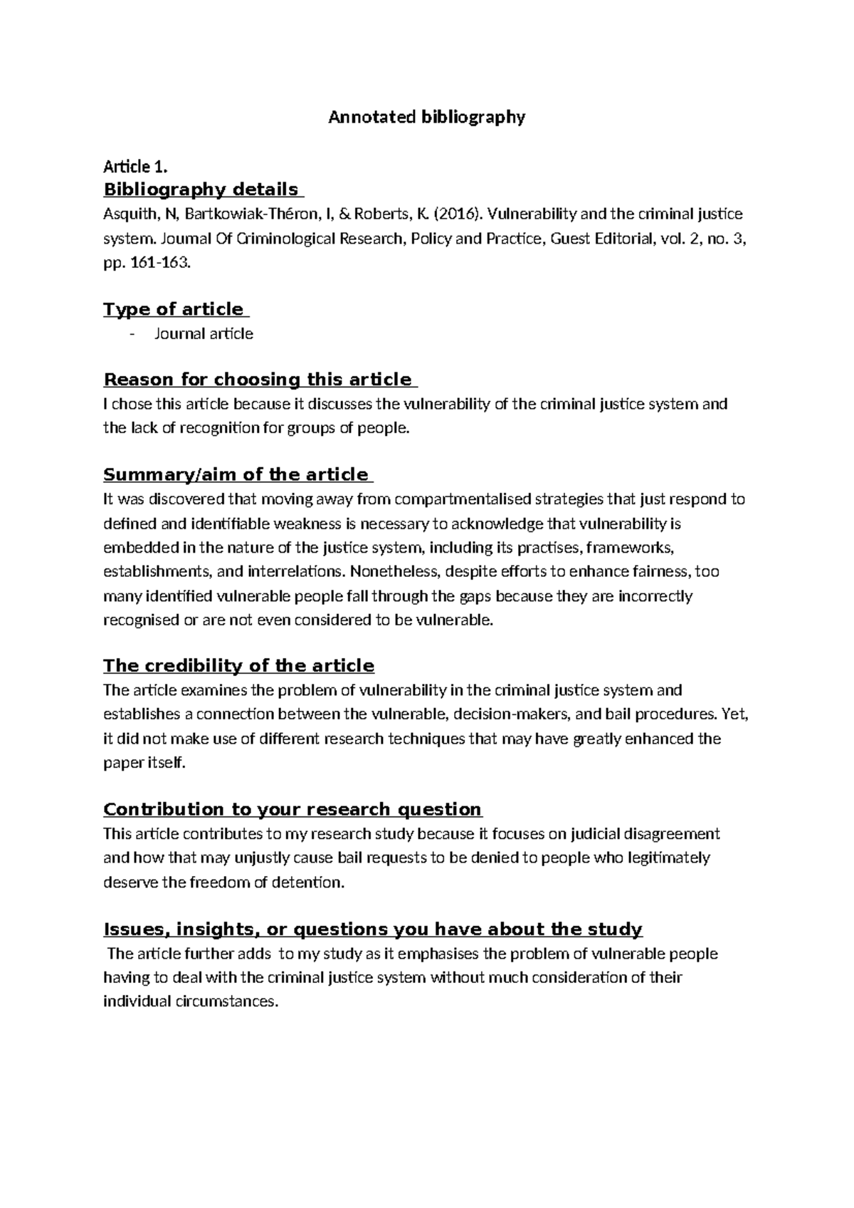 Annotated bibliography - dalals - Annotated bibliography Article 1 ...