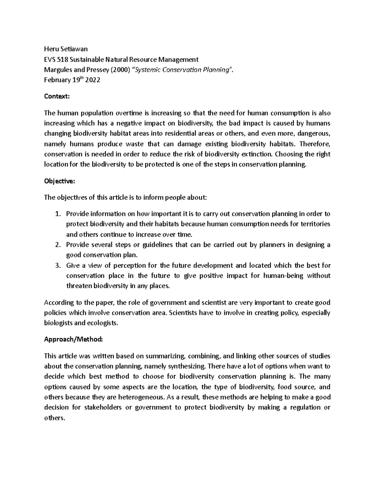Heru Setiawan Margules and Pressey Assignment 2 (Re-summarize) - Heru Setiawan EVS 518 ...