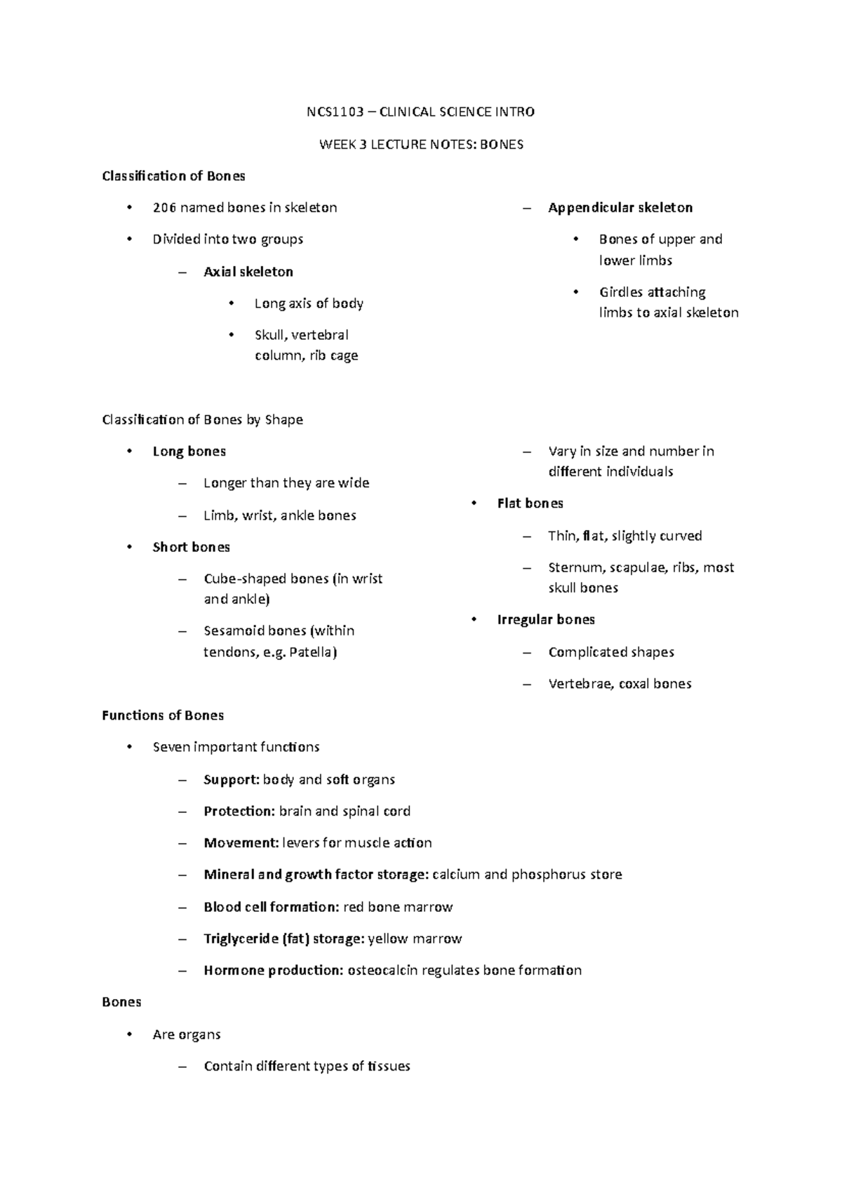 BONES LECTURE NOTES - NCS1103 – CLINICAL SCIENCE INTRO WEEK 3 LECTURE ...