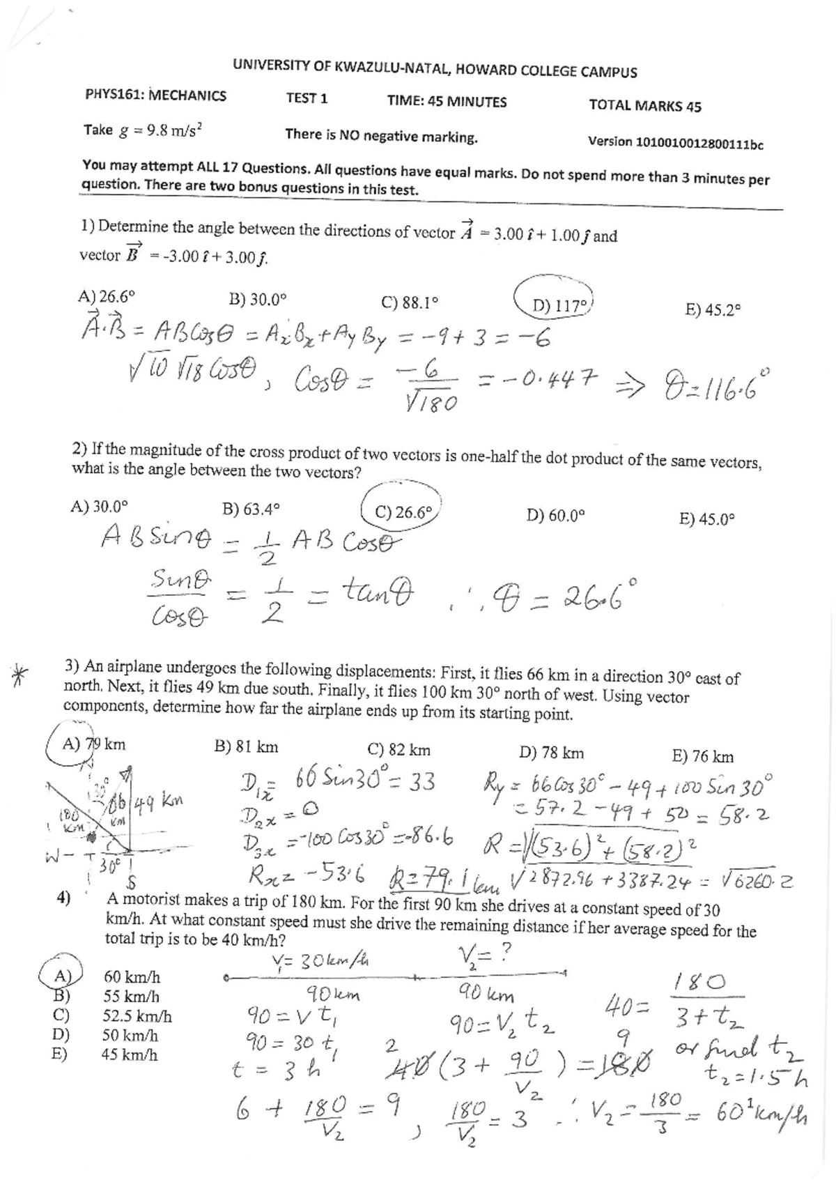 Test One PHYS161 Memo - UNIVERSITY OF HOWARD COLLEGE CAMPUS PHYS161 ...