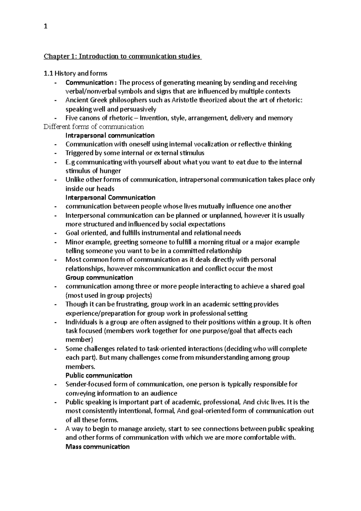 Communications Notes Chapter 1 Introduction To Communication Studies