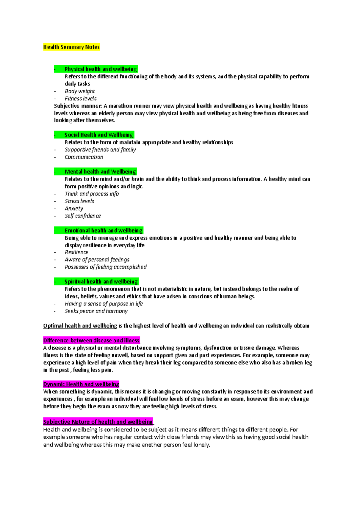 Health Summary Notes - Social Health and Wellbeing Relates to the form ...