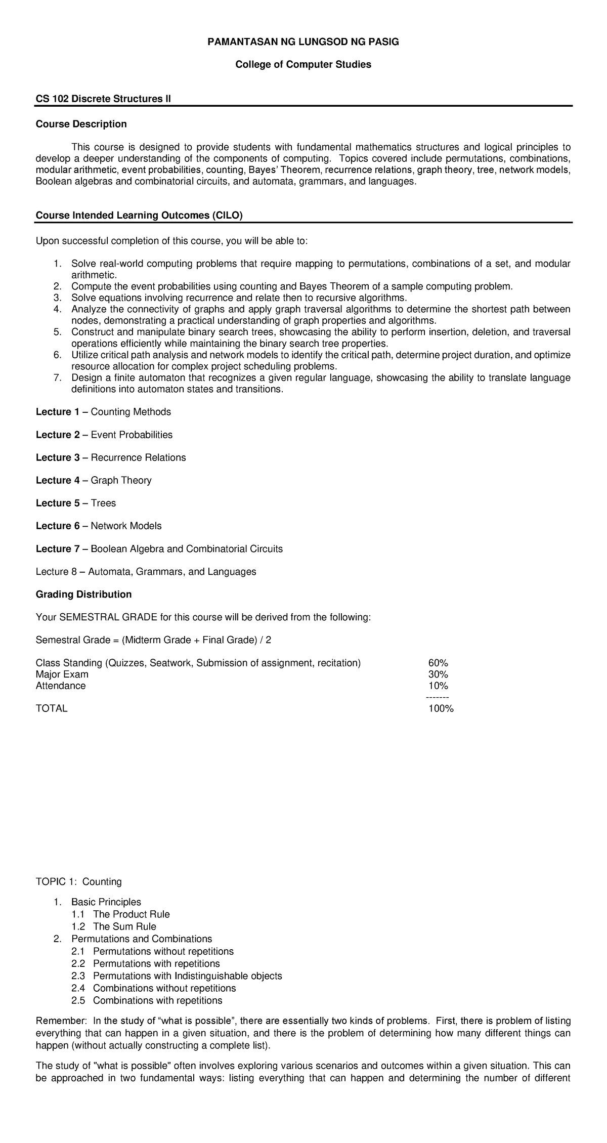 Discrete-Structures-II - PAMANTASAN NG LUNGSOD NG PASIG College of Computer Studies CS 102 ...
