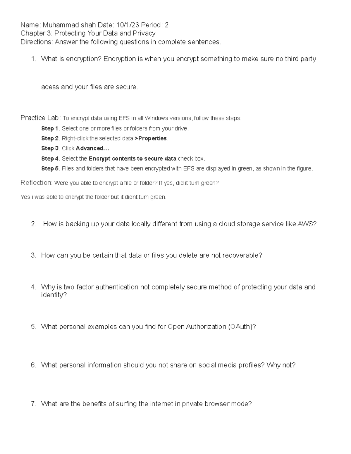 Chapter 3 Protecting Your Data And Privacy Pt Name Muhammad Shah Date 10 1 23 Period 2