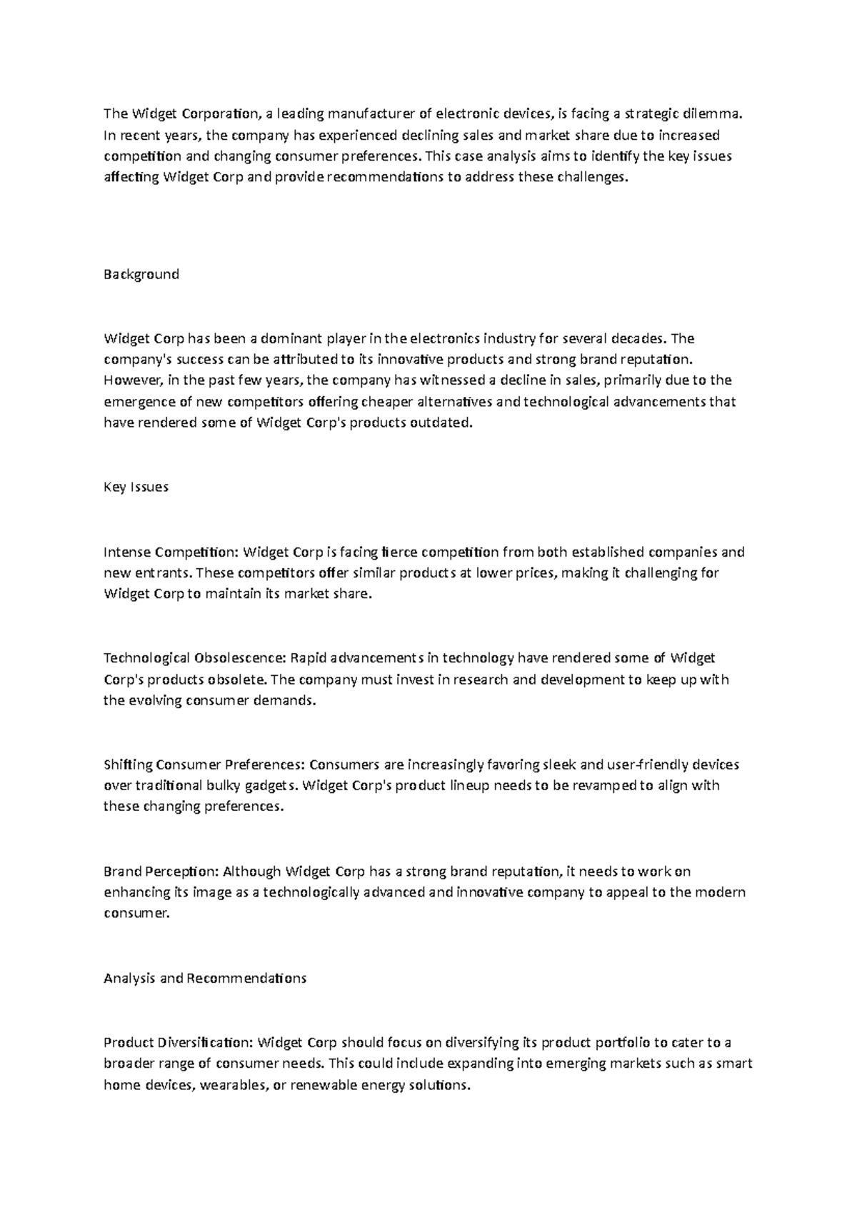 Widget Corp Strategic Dilemma: Analysis and Recommendations - Studocu