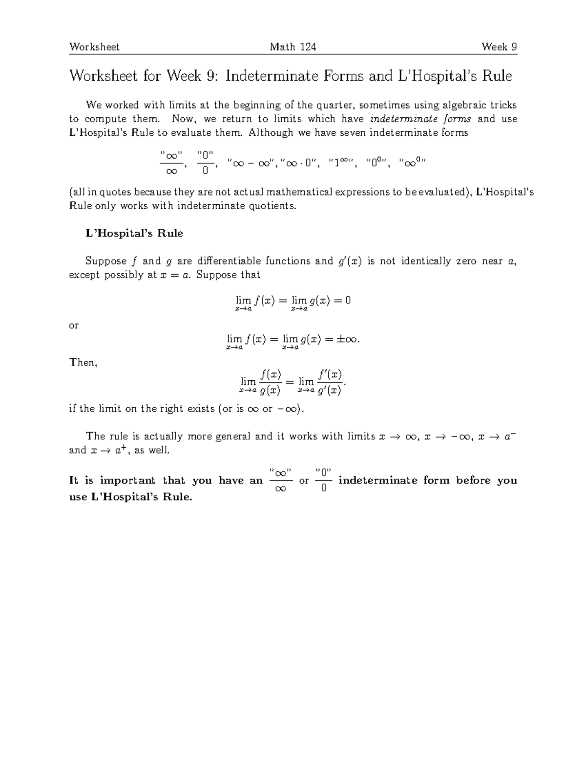 124ws9 - womp - Worksheet for Week 9: Indeterminate Forms and L ...