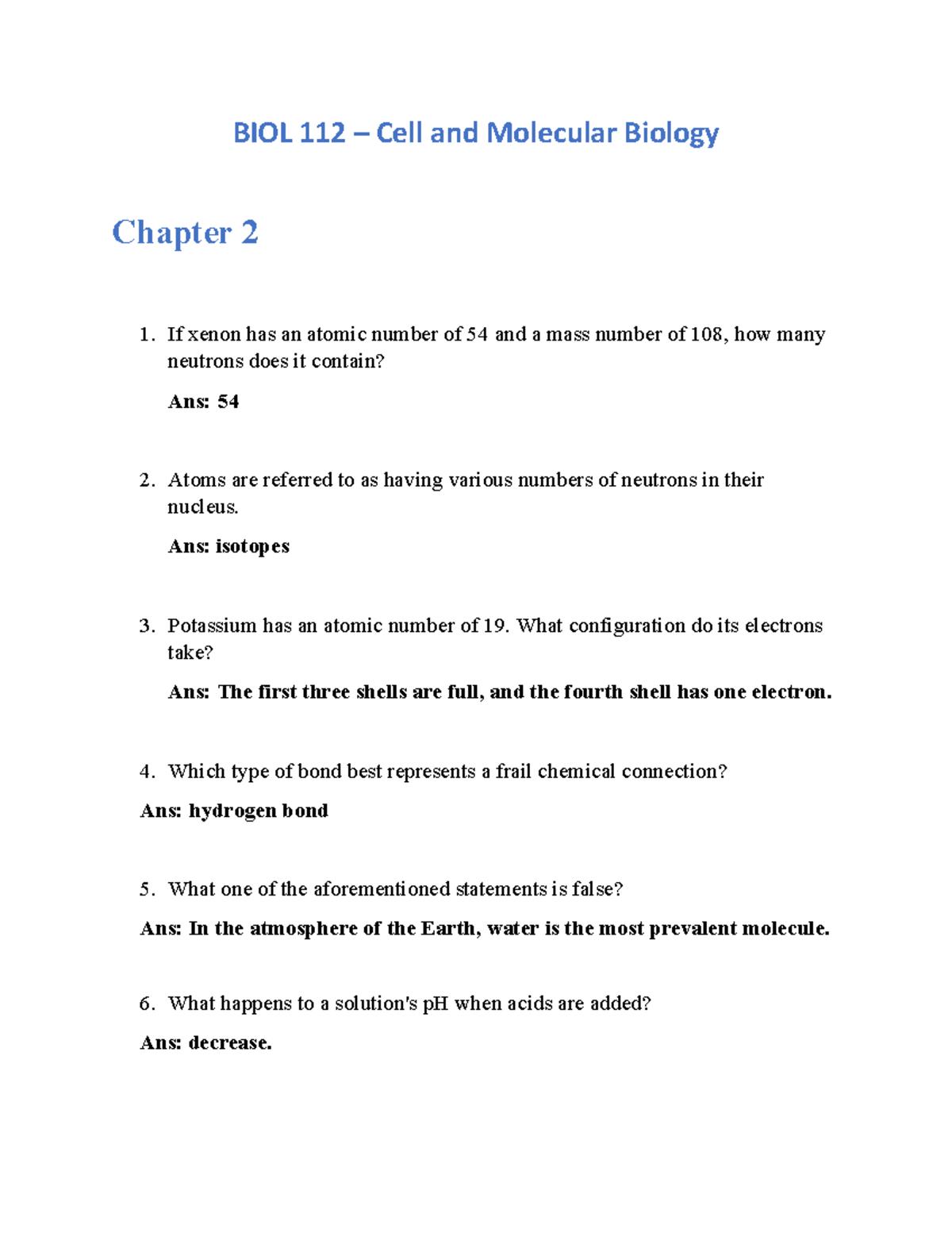 BIOL 112 Chapter 2 (Assignment) - BIOL 112 – Cell and Molecular Biology ...