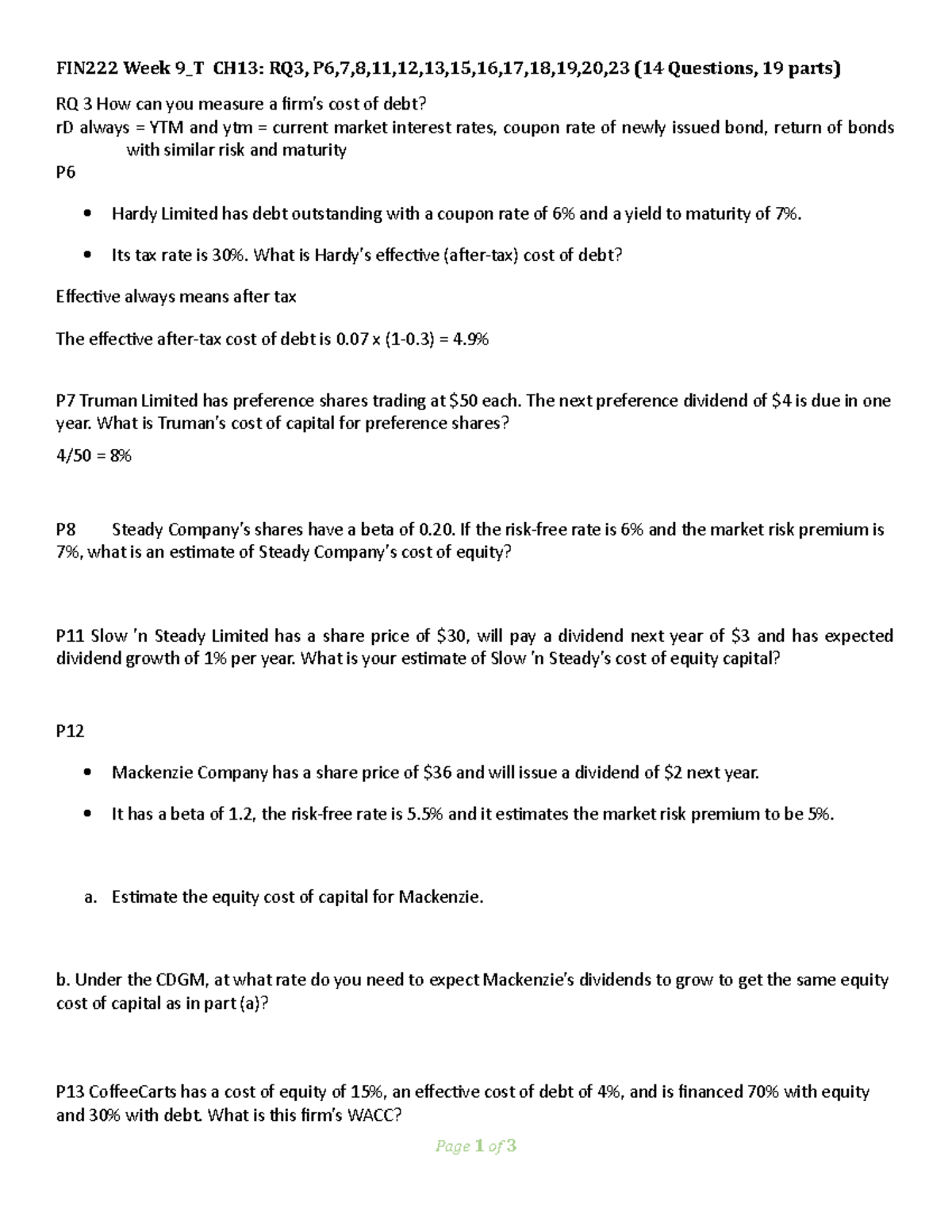 Week 9 Tutorial Questions - FIN222 Week 9_T CH13: RQ3, P6,7,8,11,12,13 ...