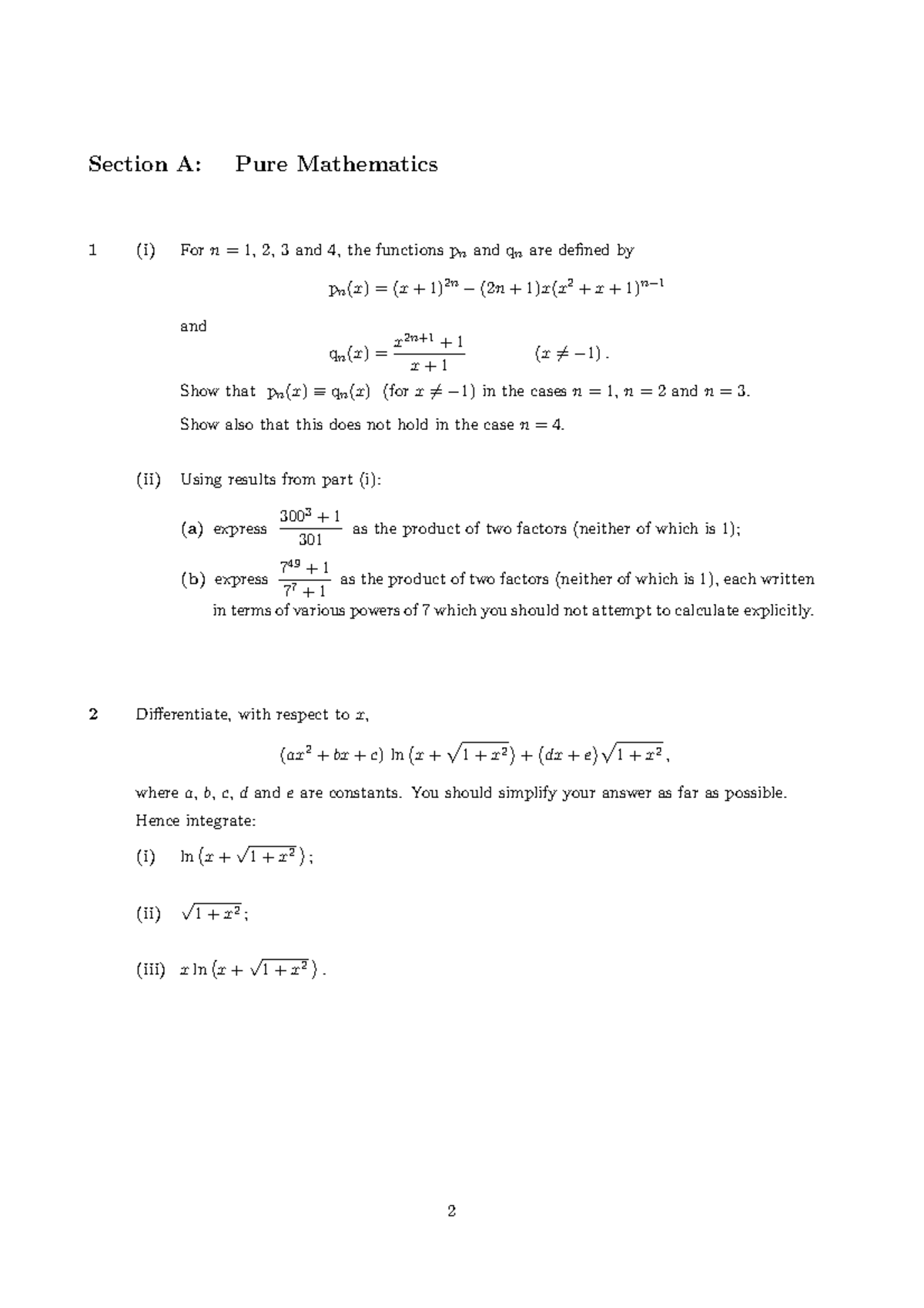 16-S1 - Section A: Pure Mathematics 1 (i) For n = 1, 2, 3 and 4, the ...