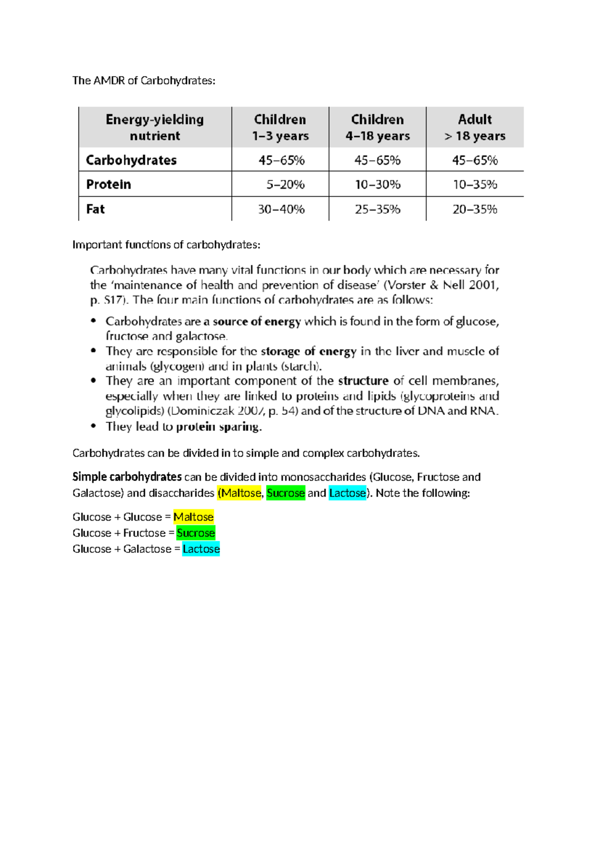 Carbohydrates - Summary Introduction to Nutrition and Energy Yielding ...