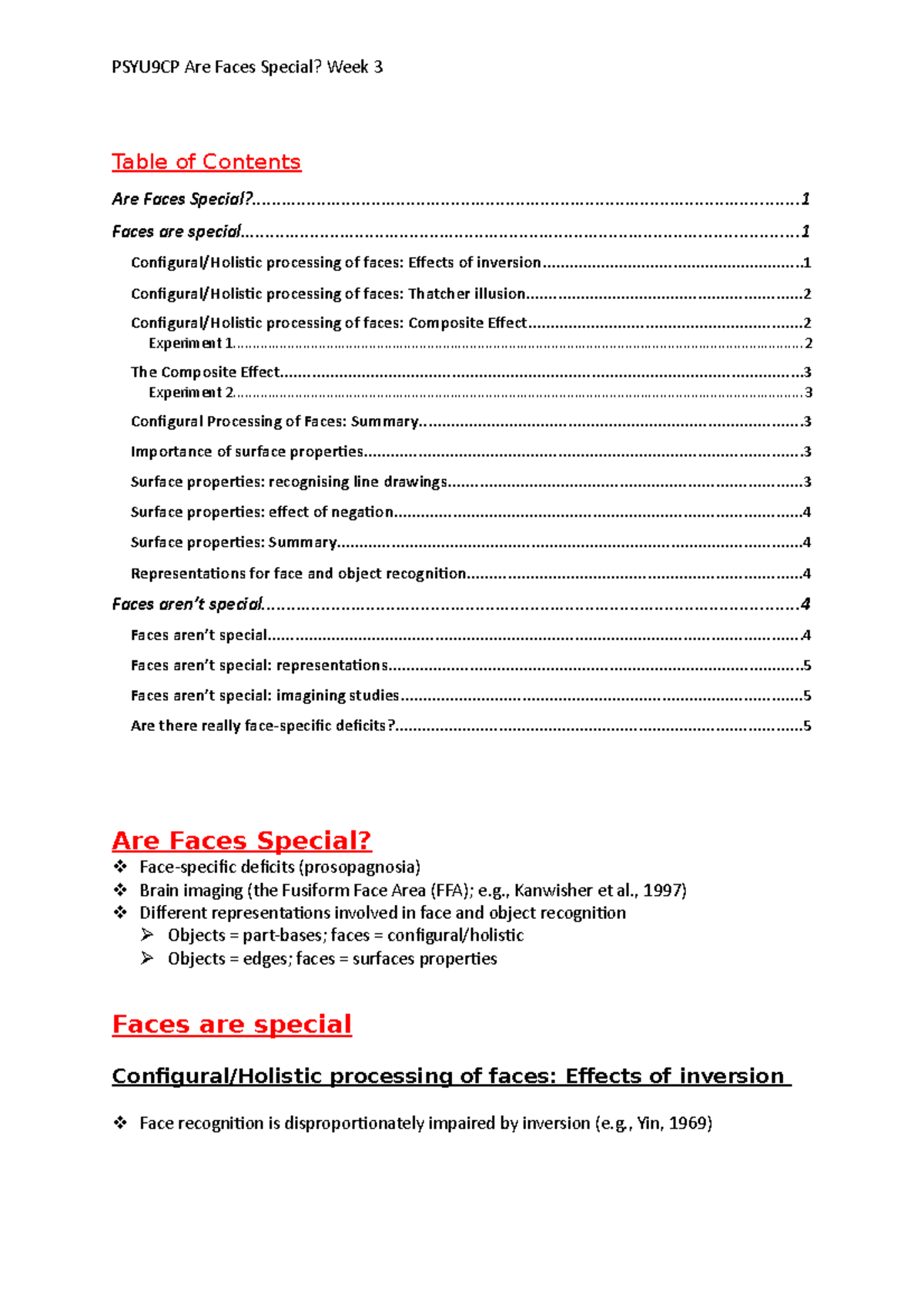 PSYU9CP Topic 2 Are Faces Special Week 3 - Table of Contents Are Faces ...