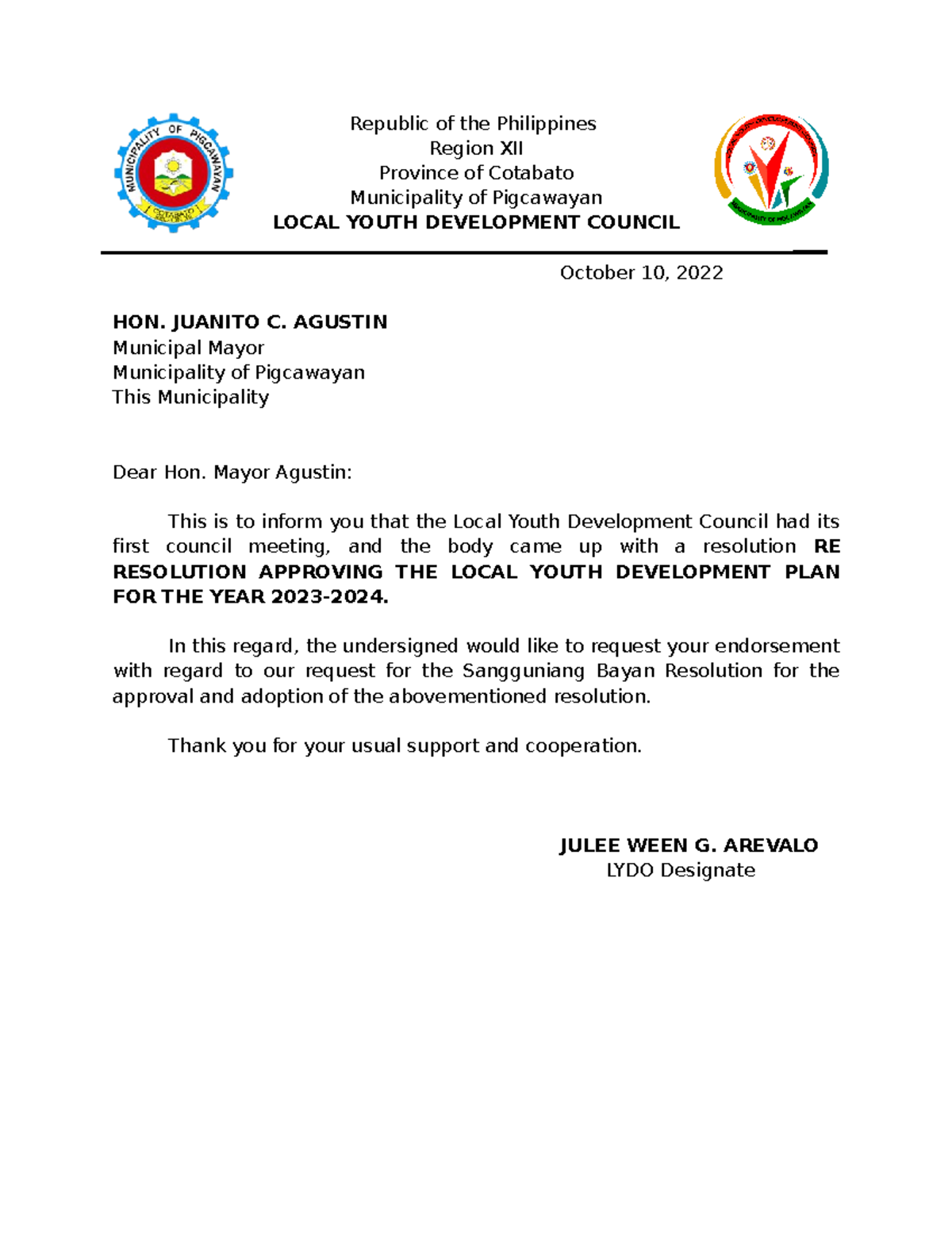 Letter fo Request on Budget Proposals - Republic of the Philippines ...
