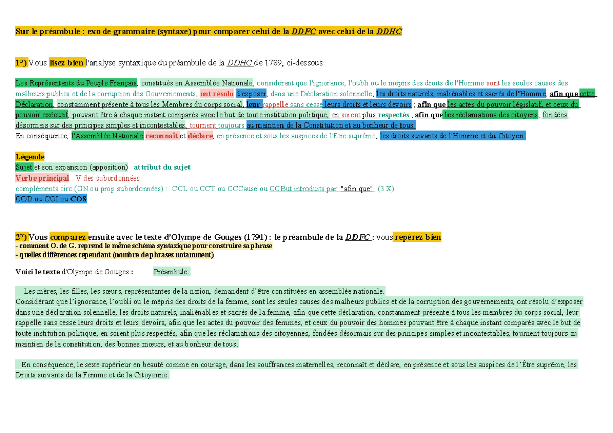 Préambule DDFC par rapport à préambule DDHC exo syntaxe - Sur le préambule : exo de grammaire ...