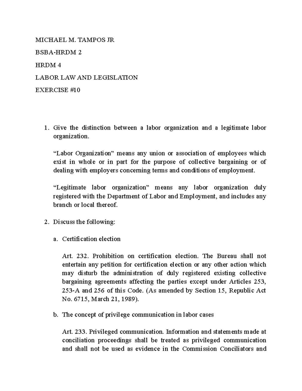 Law Exercise-10 - Exercise 10 of law - MICHAEL M. TAMPOS JR BSBA-HRDM 2 ...