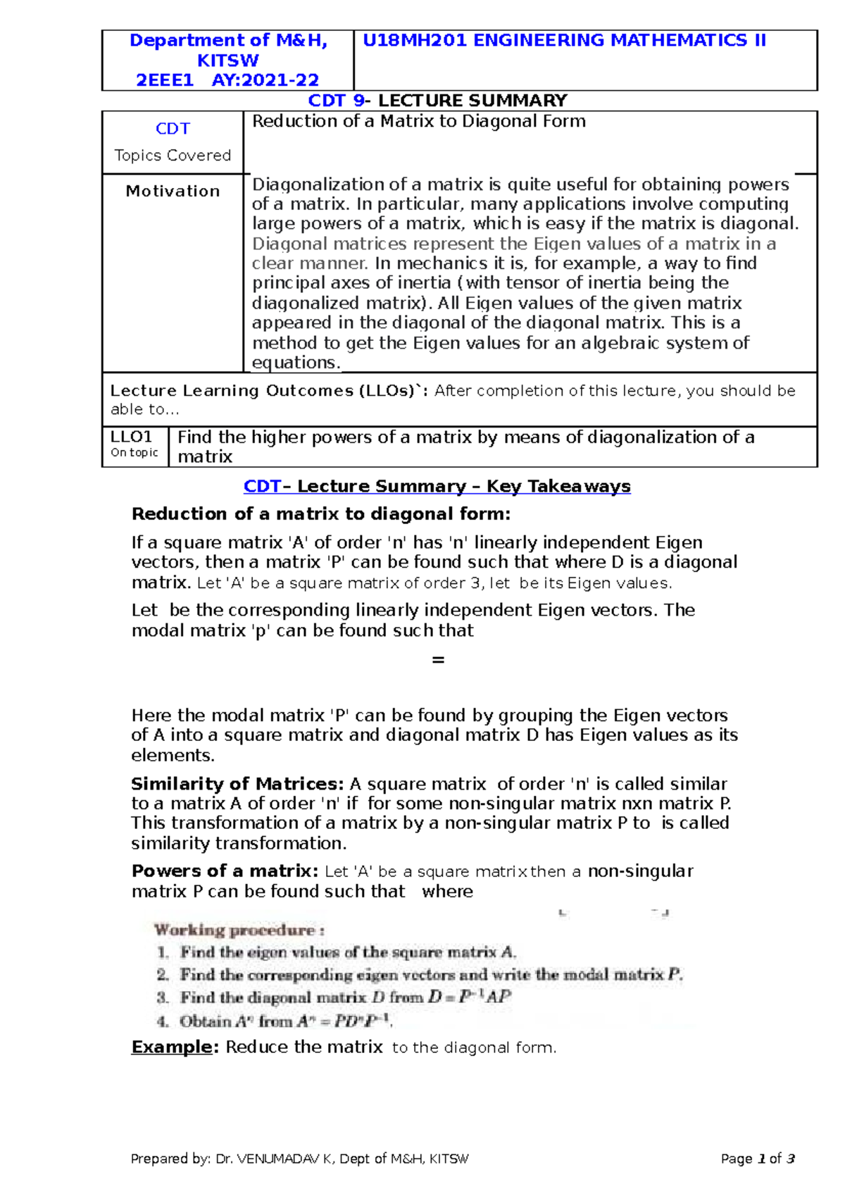 Reductionto Diagonal Form - Department of M&H, KITSW 2EEE1 AY:2021 ...