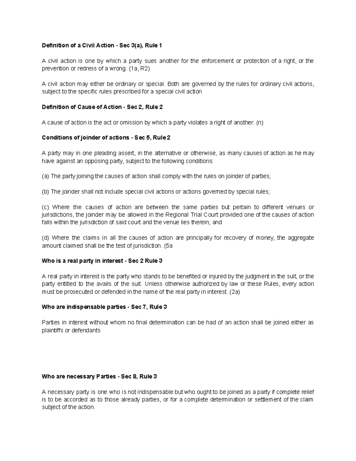 Provisions to Memorize - Definition of a Civil Action - Sec 3(a), Rule ...