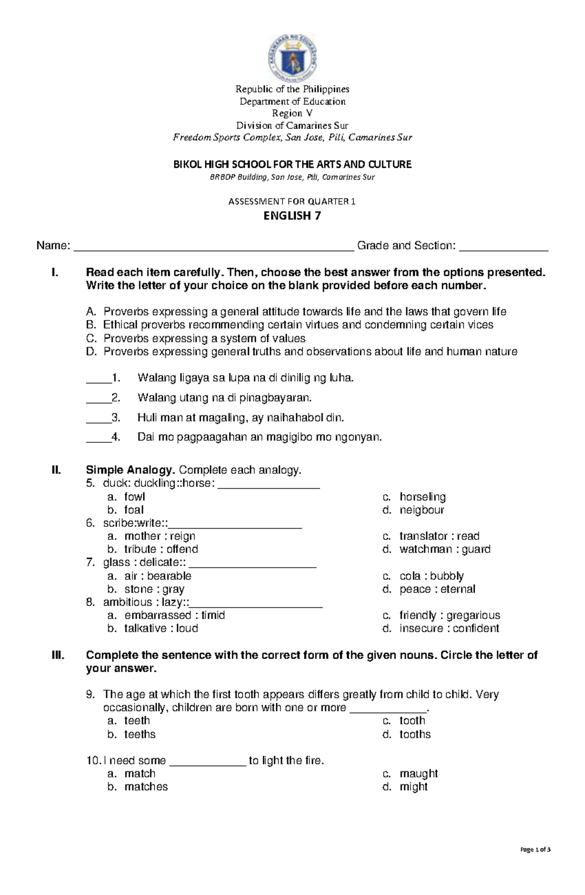 TQ Eng 7 - Test Question - Page 1 of 3 Republic of the Philippines ...